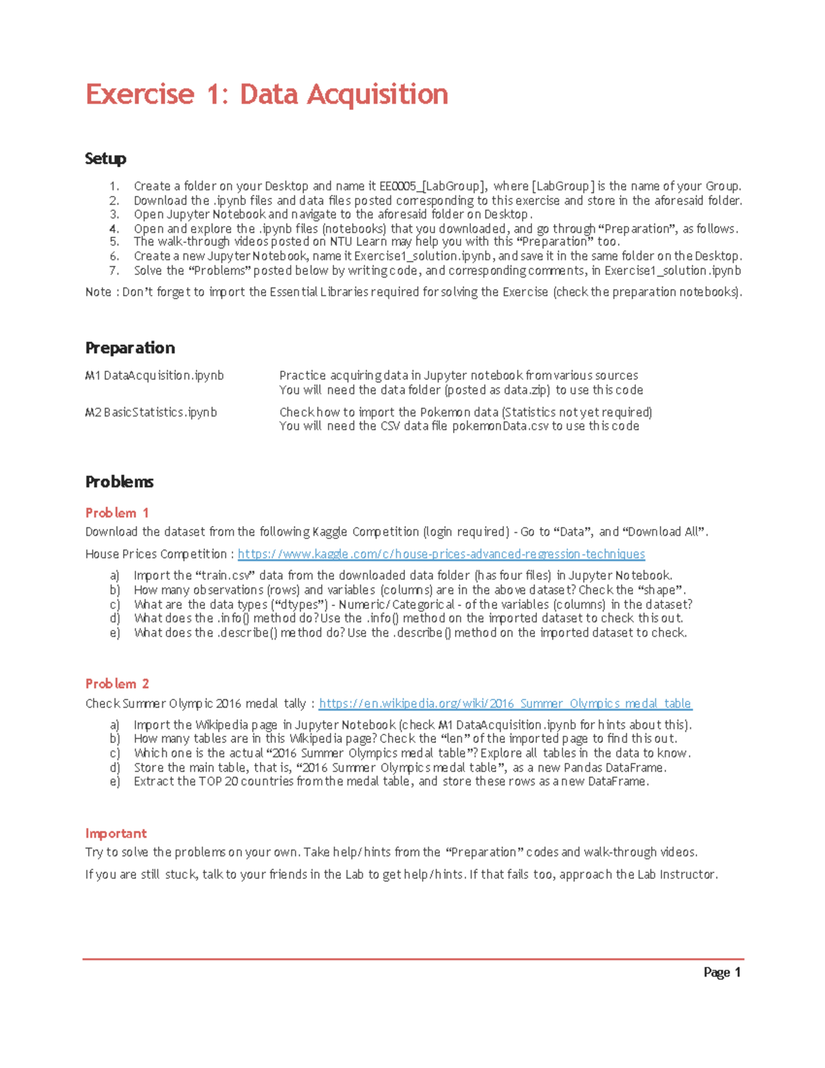 Exercise 1 Problem - Lab 1 - Page 1 Exercise 1: Data Acquisition Setup Create a folder on your ...