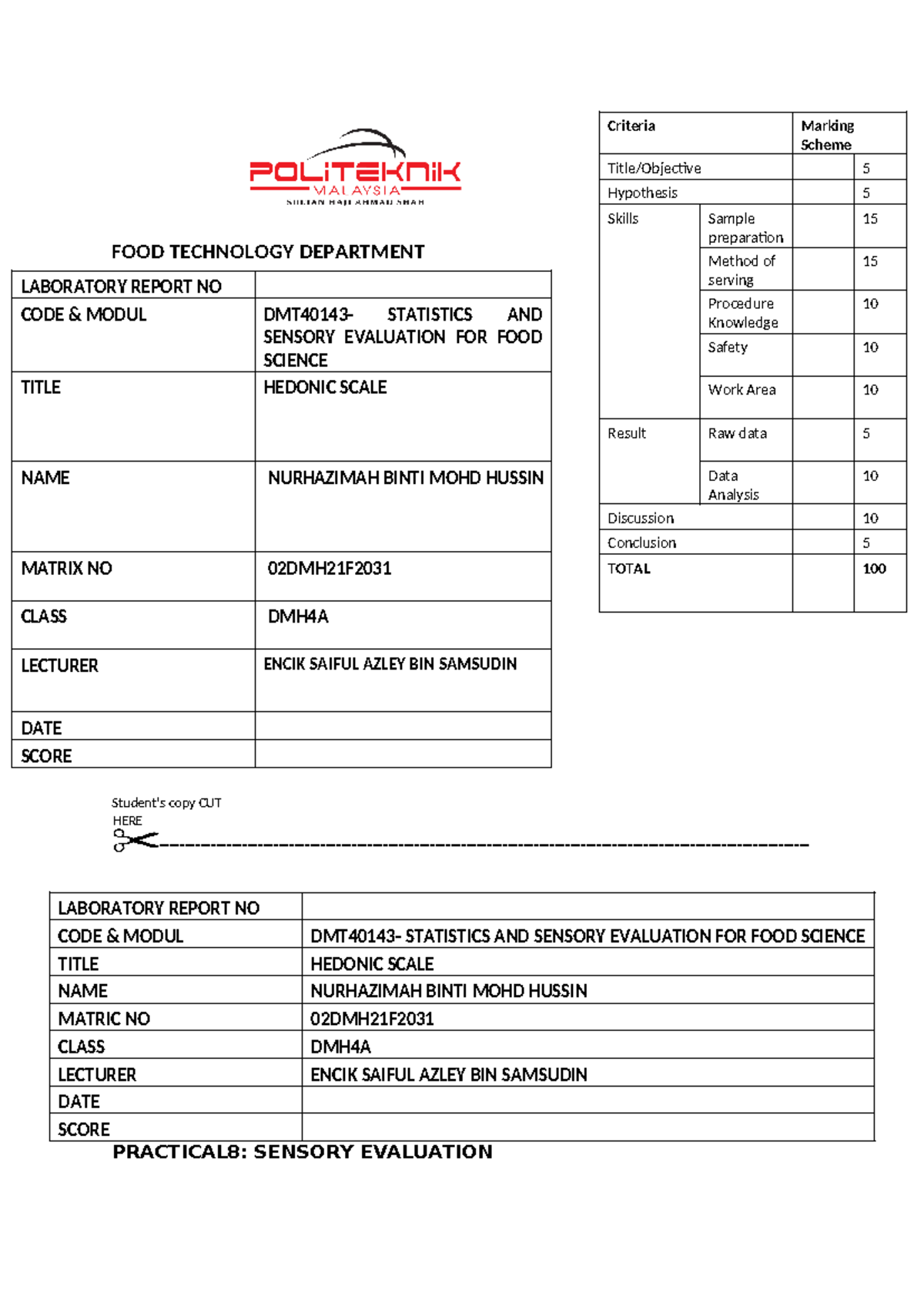 Hedonic Scale - FOOD TECHNOLOGY DEPARTMENT Student’s copy CUT HERE ...