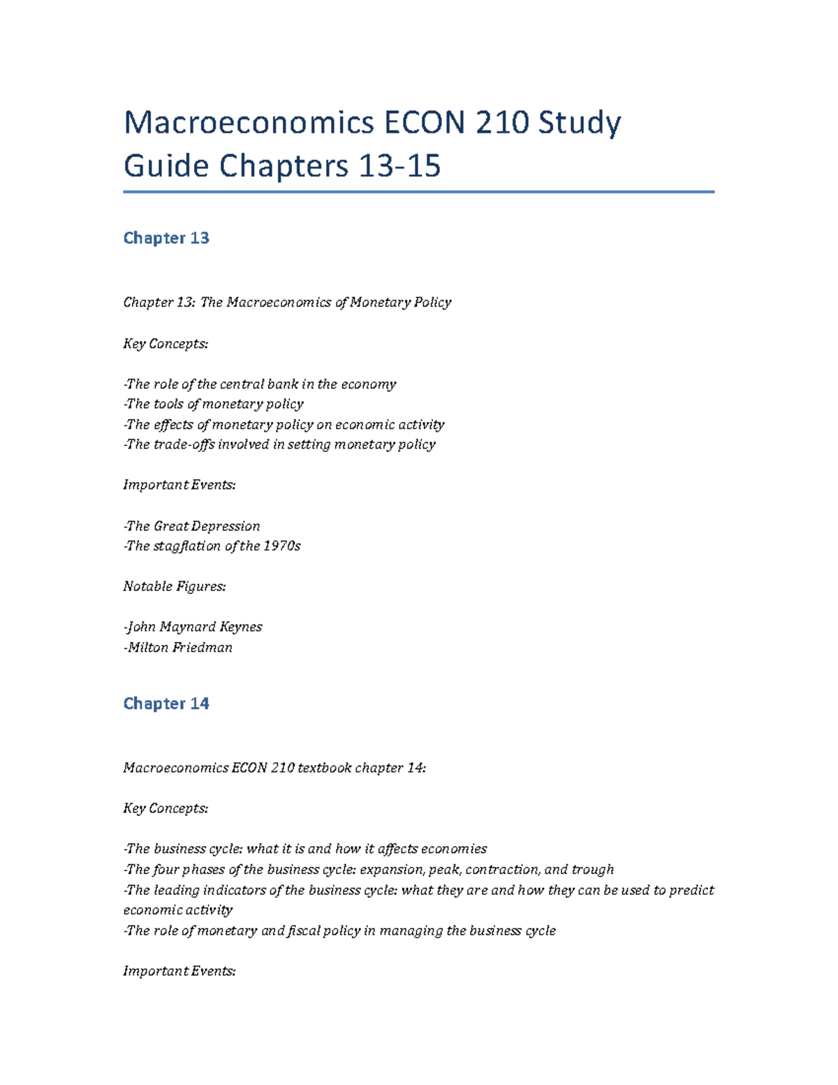 Macroeconomics ECON 210 Study Guide Chapters 13-15 - Macroeconomics ...