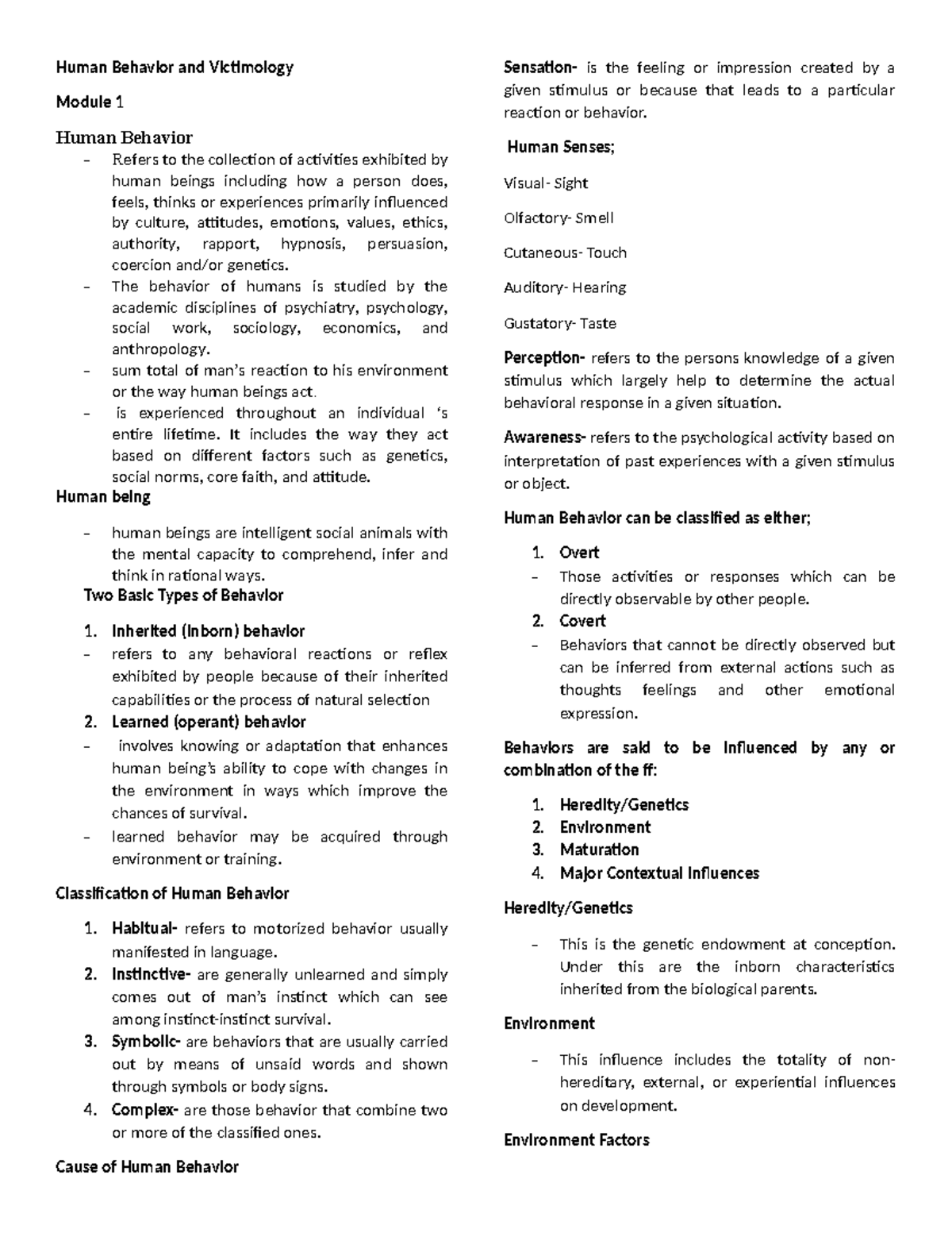 HBV ( Module 1-5) - some notes for criminology - Human Behavior and ...