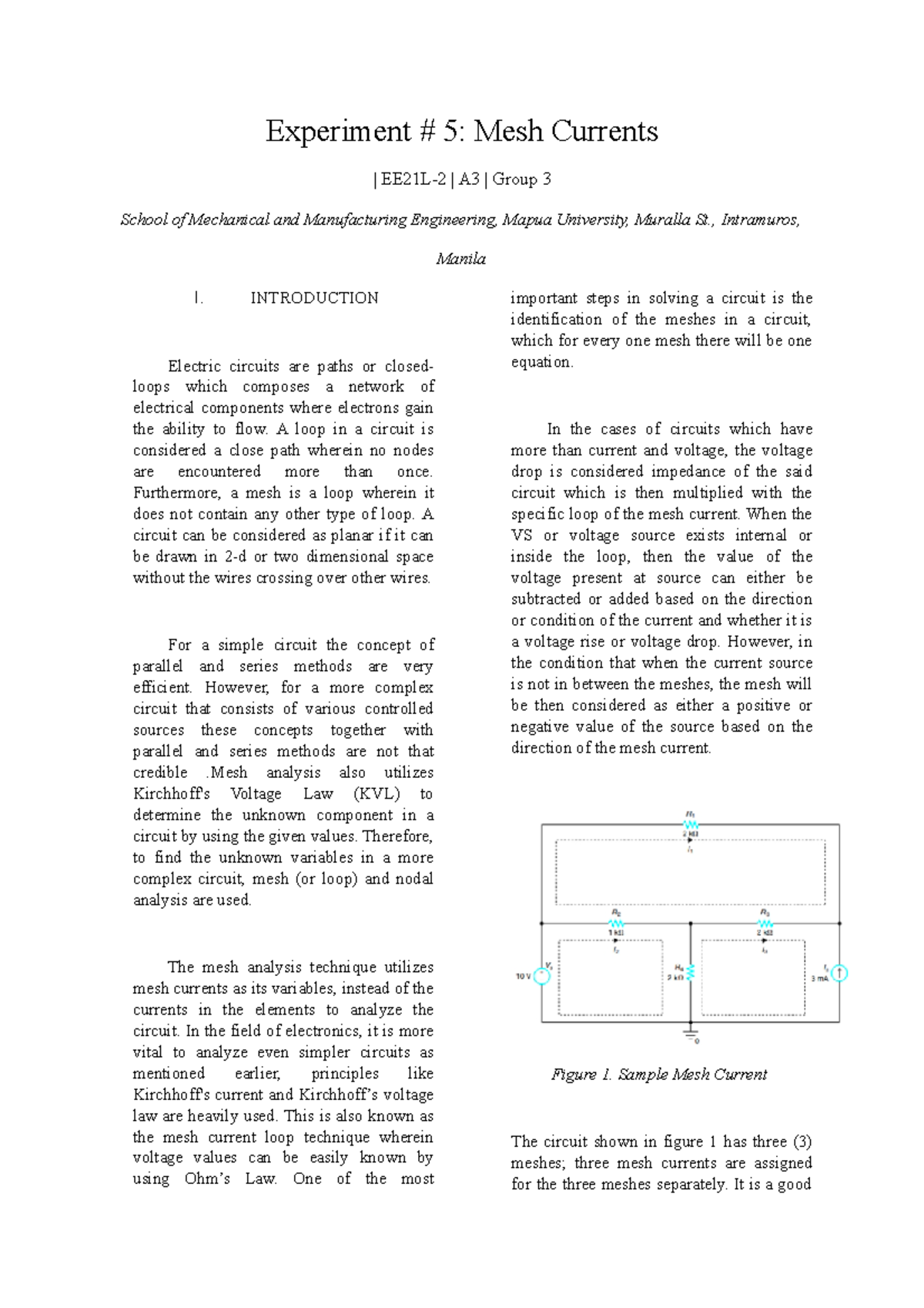 LAB Report MESH Analysis - Experiment # 5: Mesh Currents | EE21L-2 | A3 ...