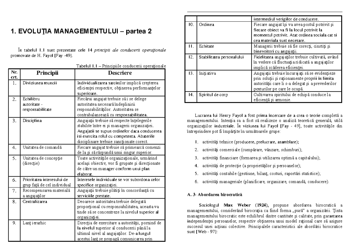 (CURS 2) - 1. EVOLUŢIA MANAGEMENTULUI – partea 2 În tabelul 1 sunt ...