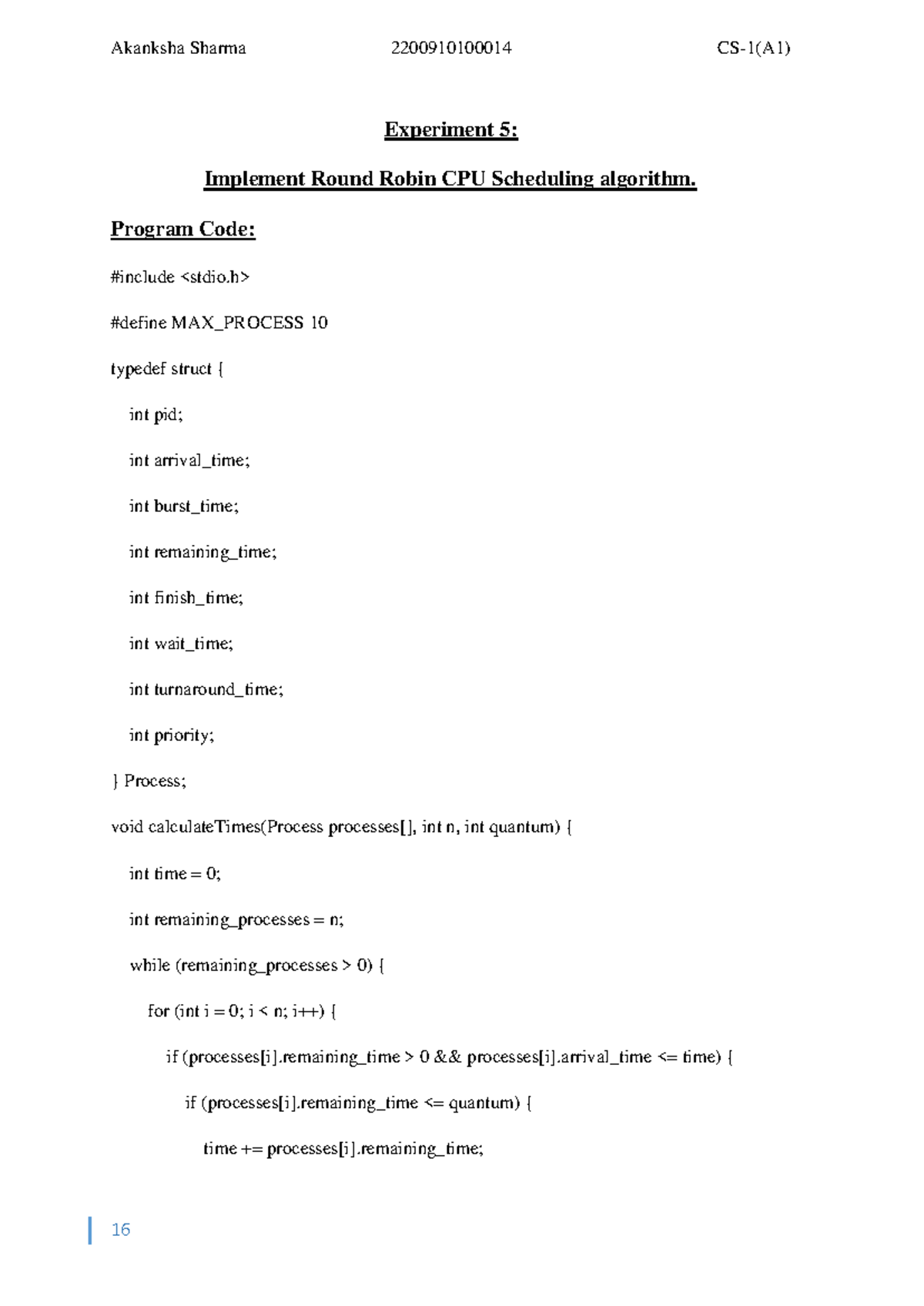 Ex5 Os Oop Experiment 5 Implement Round Robin Cpu Scheduling Algorithm Program Code