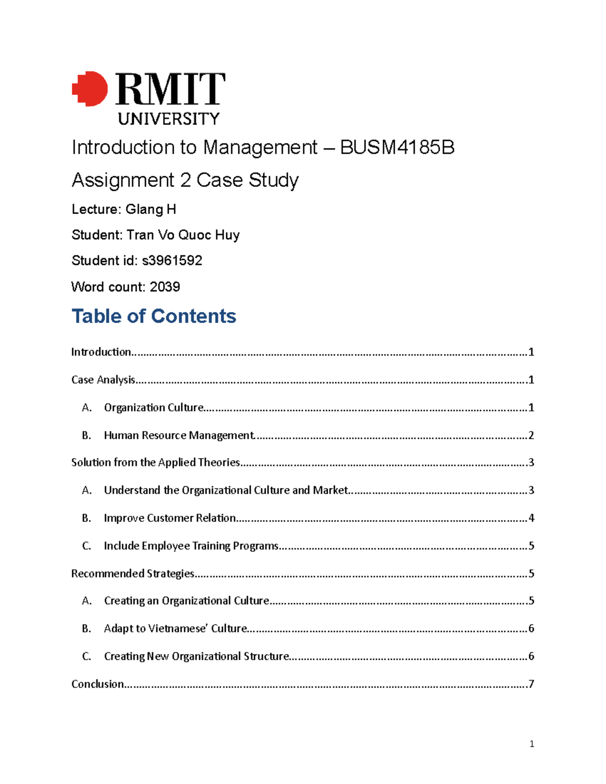 SGS Group 10 Tran Vo Quoc Huy s3961592 - Introduction to Management ...