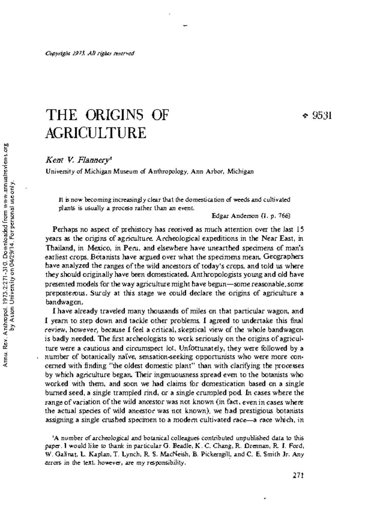K.Flannery - Origin of Agriculture - article - Copyright 1973. All ...