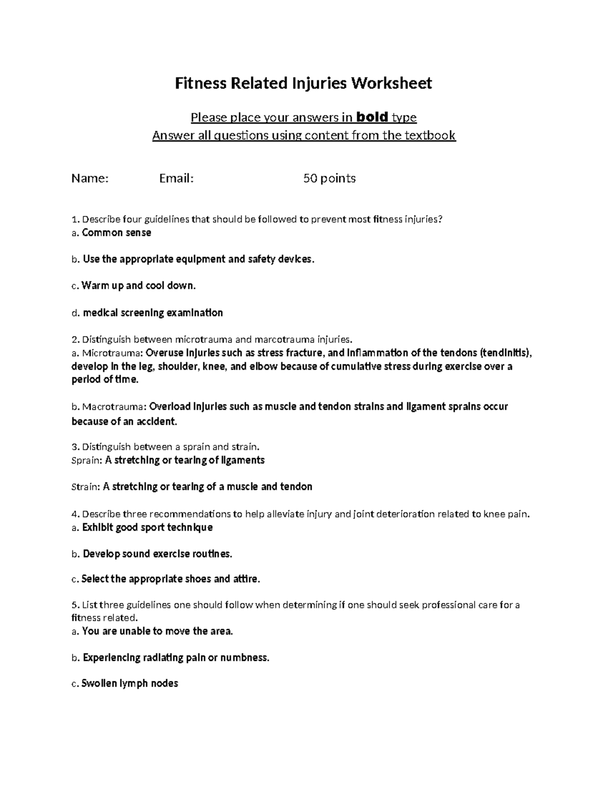 Fitness Related Injuries Worksheet OL - Fitness Related Injuries ...