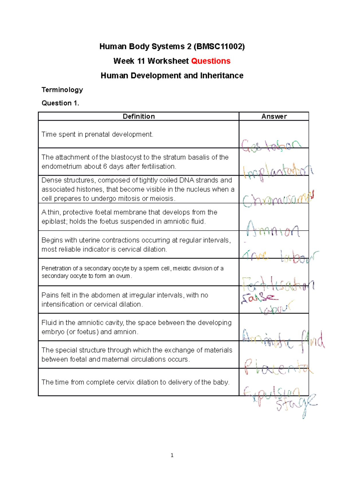 BMSC11002 - Week 11 Human development and inheritance Questions with ...