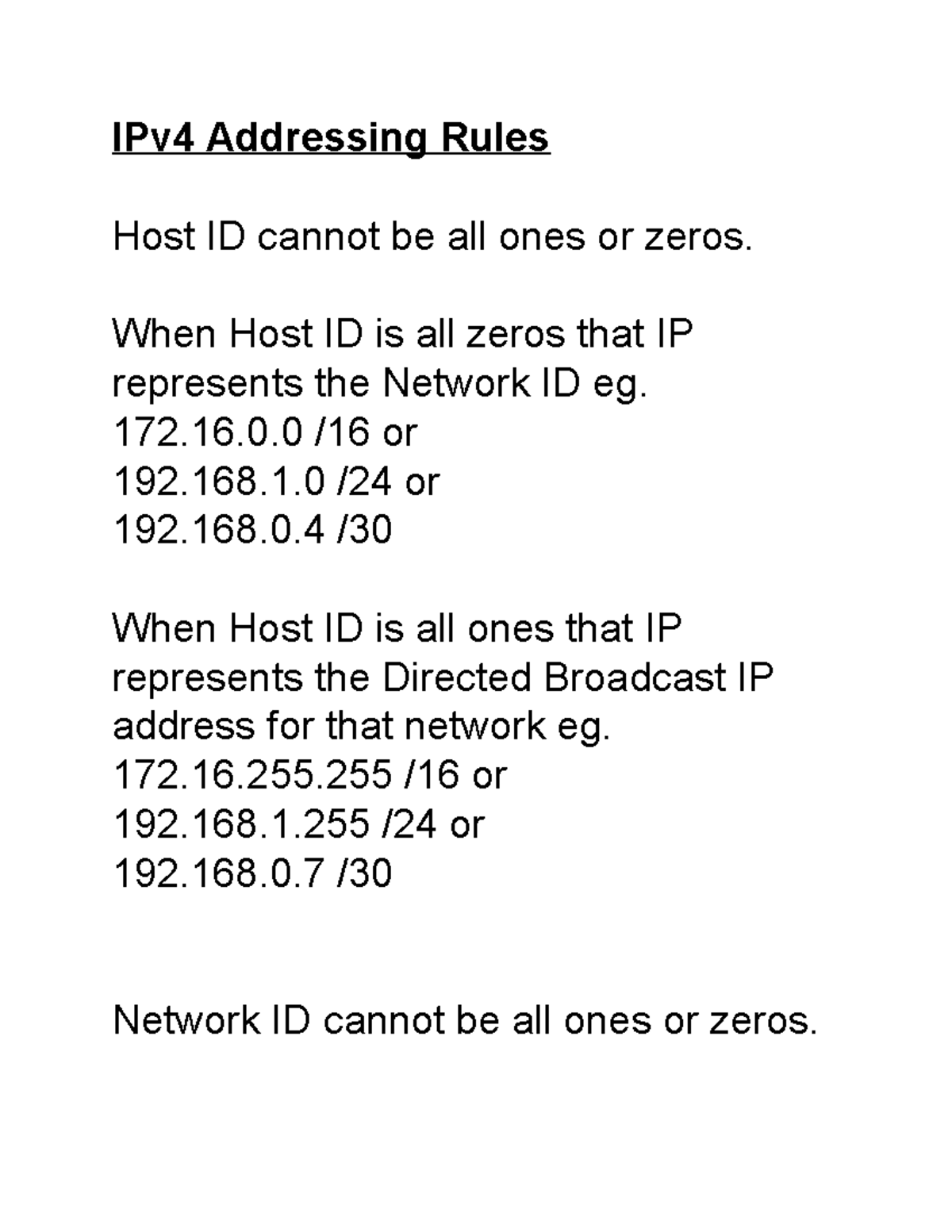 IPv4-Cram+Sheet - IPV4 - IPv4 Addressing Rules Host ID cannot be all ...