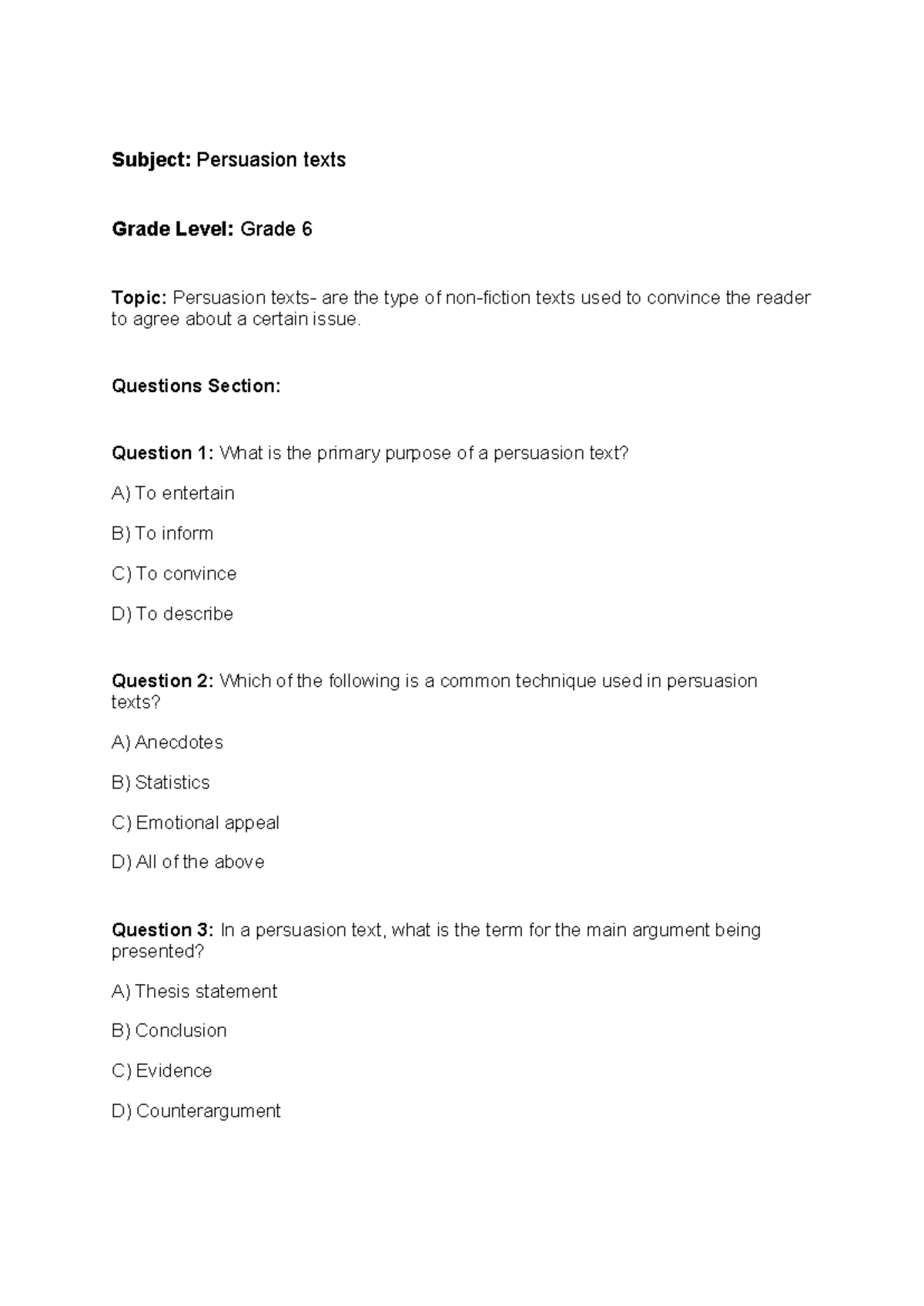 Quiz Persuasion texts - Subject: Persuasion texts Grade Level: Grade 6 ...