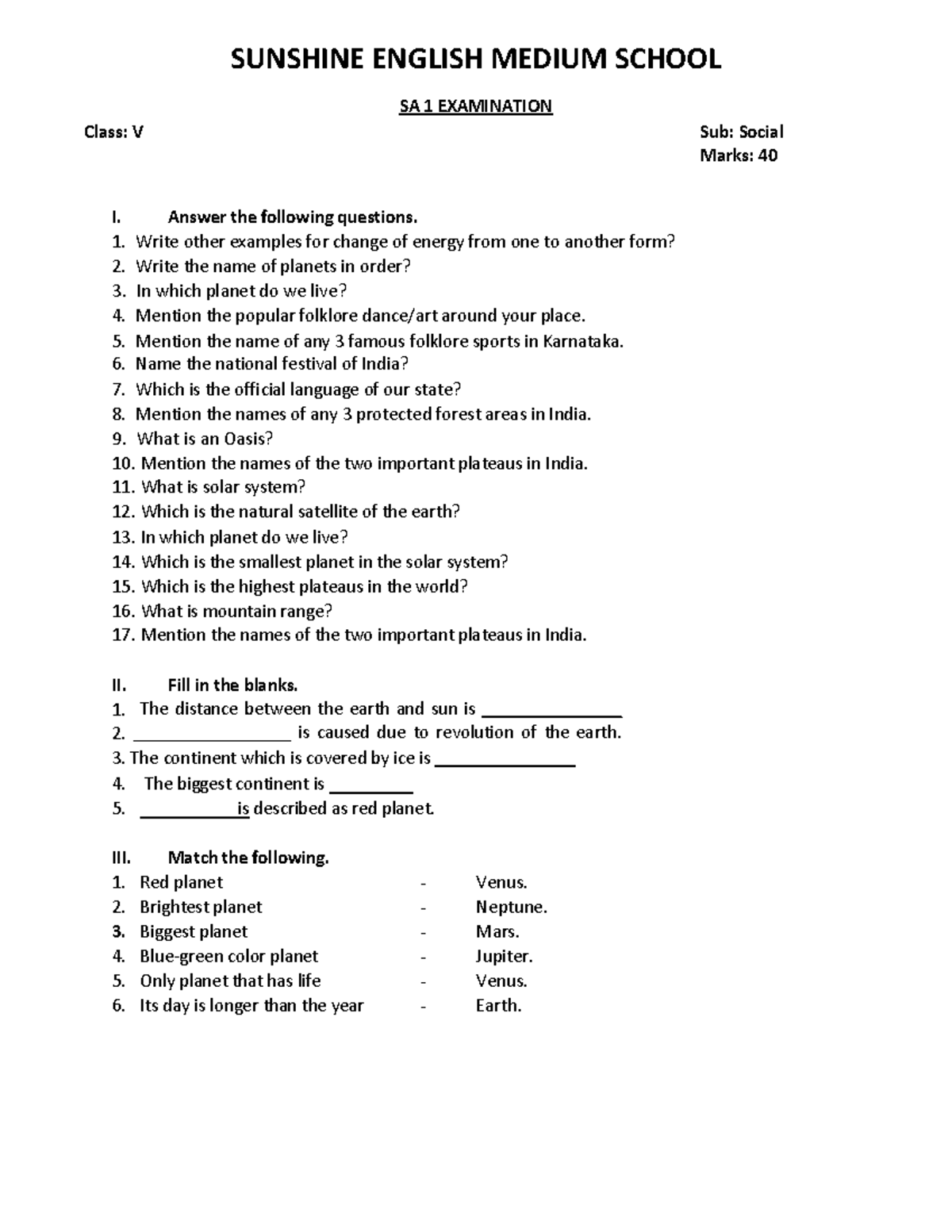 SA I V social - Question paper - SUNSHINE ENGLISH MEDIUM SCHOOL SA 1 ...