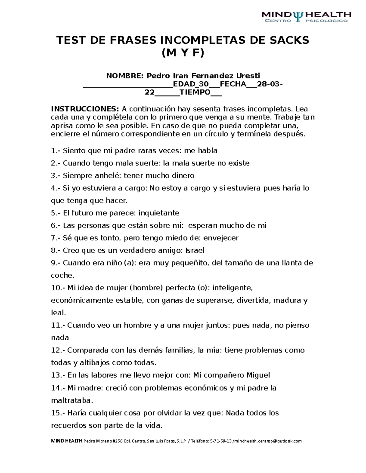 Frases incompletas - Test proyectivo - TEST DE FRASES INCOMPLETAS DE ...