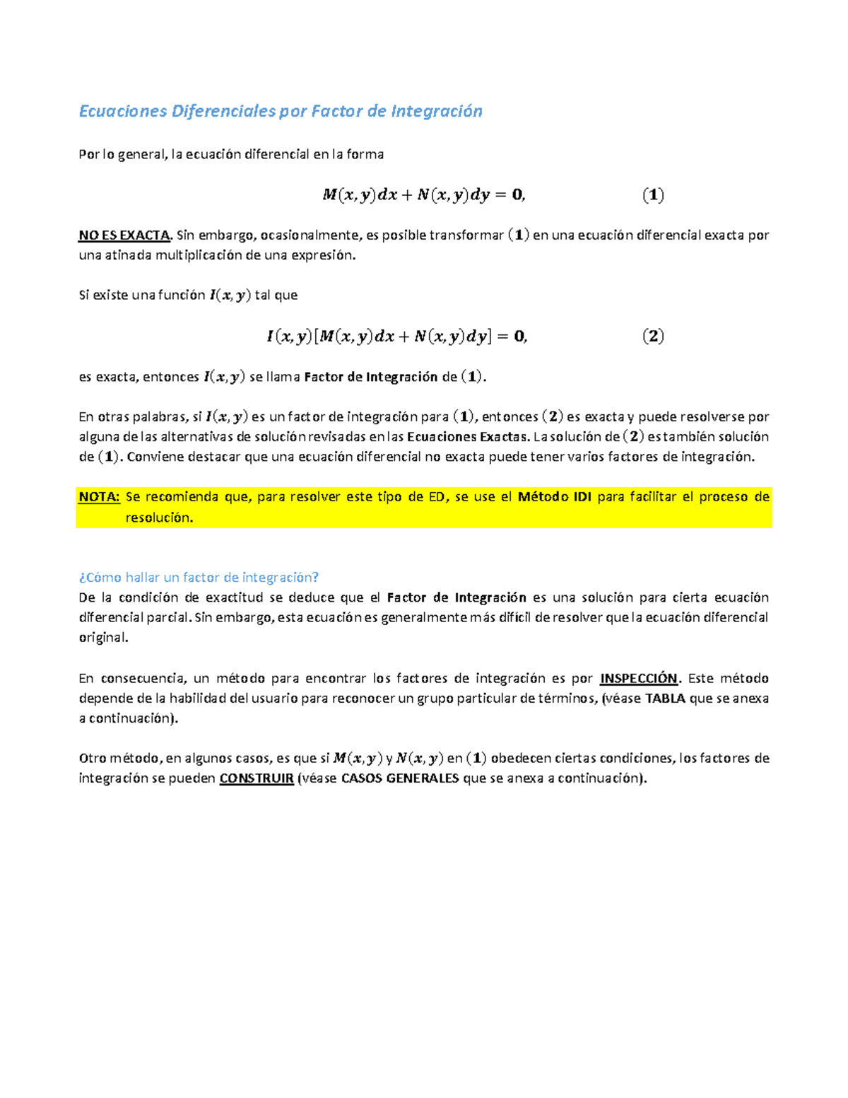 6. ED Factor de Integración - Ecuaciones Diferenciales por Factor de Integración Por lo general ...