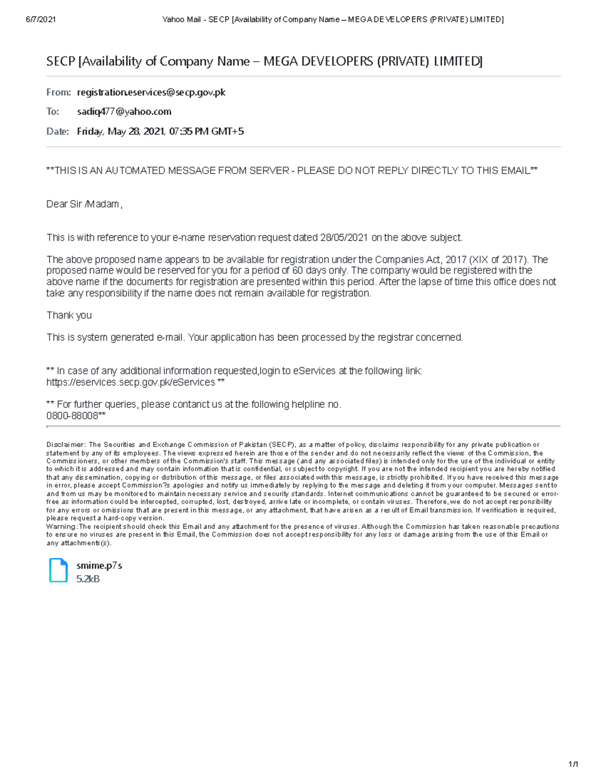 Yahoo Mail - SECP [Availability of Company Name – MEGA Developers ...