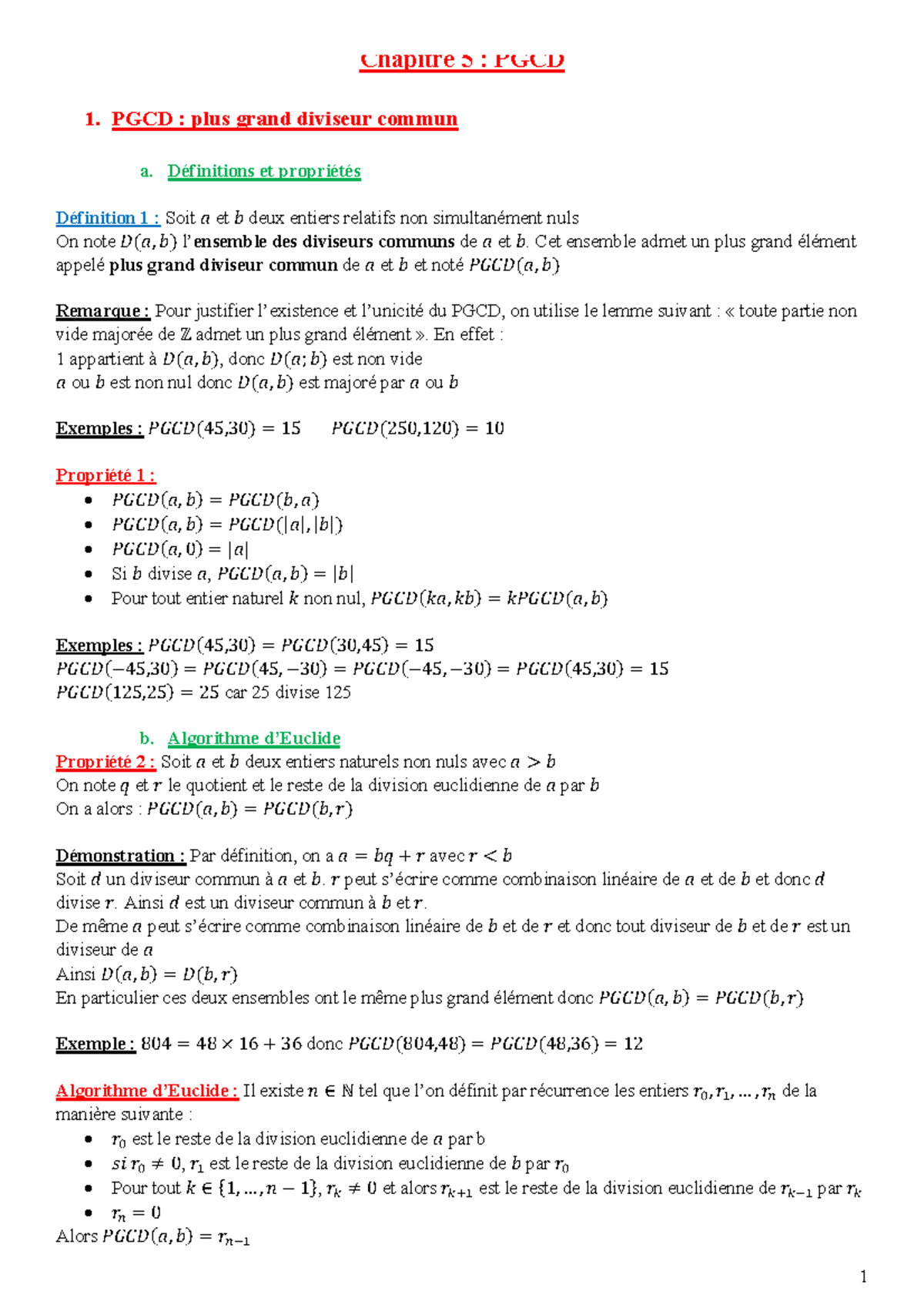 Chap 5, PGCD - Chapitre 5 : PGCD 1. PGCD : plus grand diviseur commun a. Définitions et ...