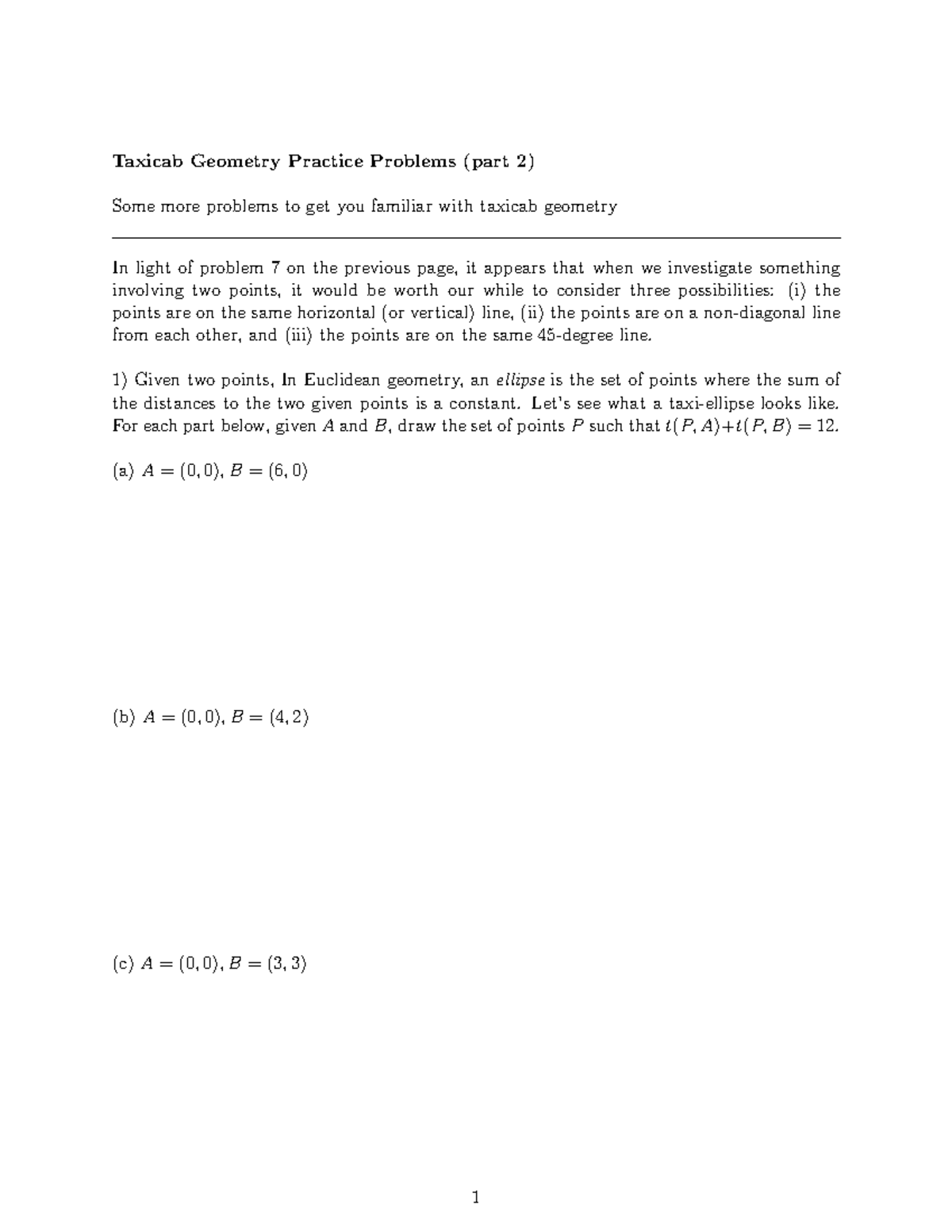08 Taxicab Geometry Problems 2 Taxicab Geometry Practice Problems Part 2 Some More Problems