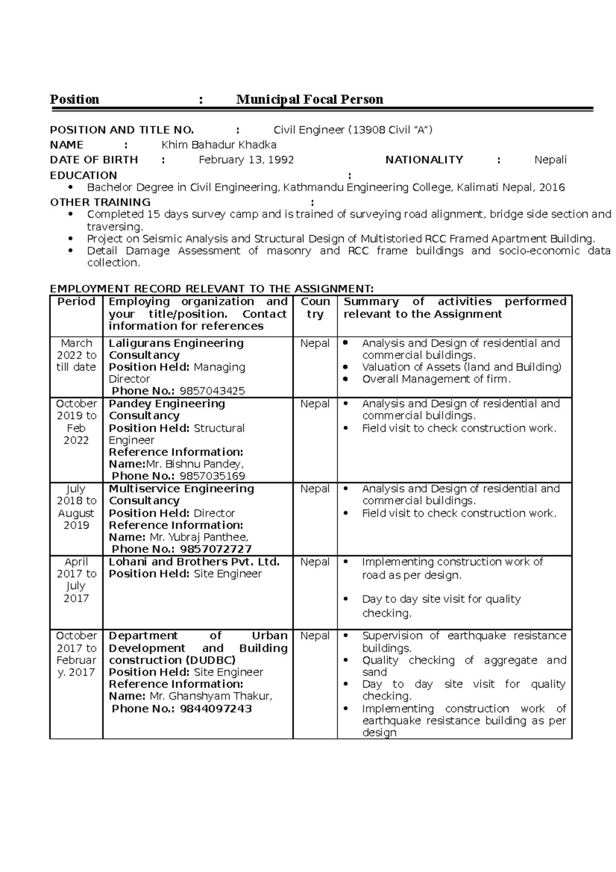 Position - jdjdj - Position : Municipal Focal Person POSITION AND TITLE ...