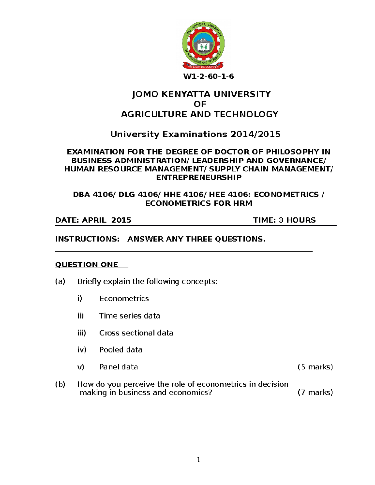 DBA , DLG, HHE, HEE 4016 Econometrics - W1-2-60-1- JOMO KENYATTA ...