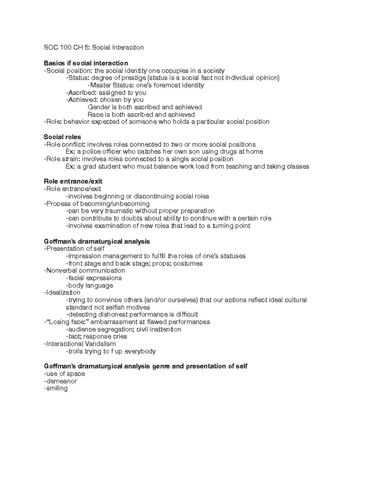 SOC 100 CH 5 - SOC 100 CHAPTER NOTES - SOC 100 CH 5: Social Interaction ...