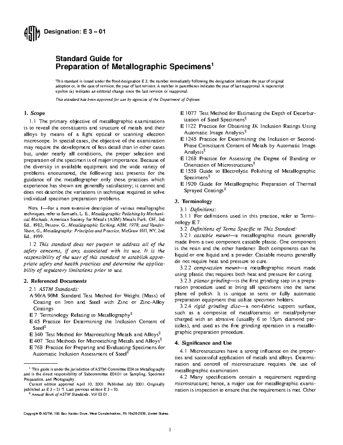 E003 - NORMA ASTM - Designation: E 3 – 01 Standard Guide for ...