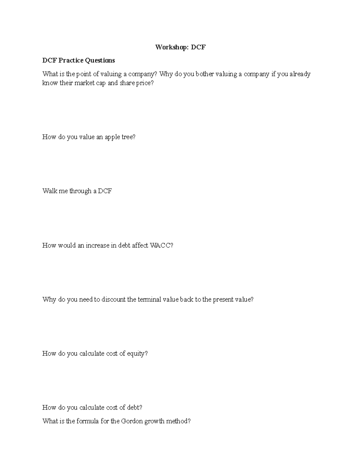 DCF Worksheet - Workshop: DCF DCF Practice Questions What is the point ...