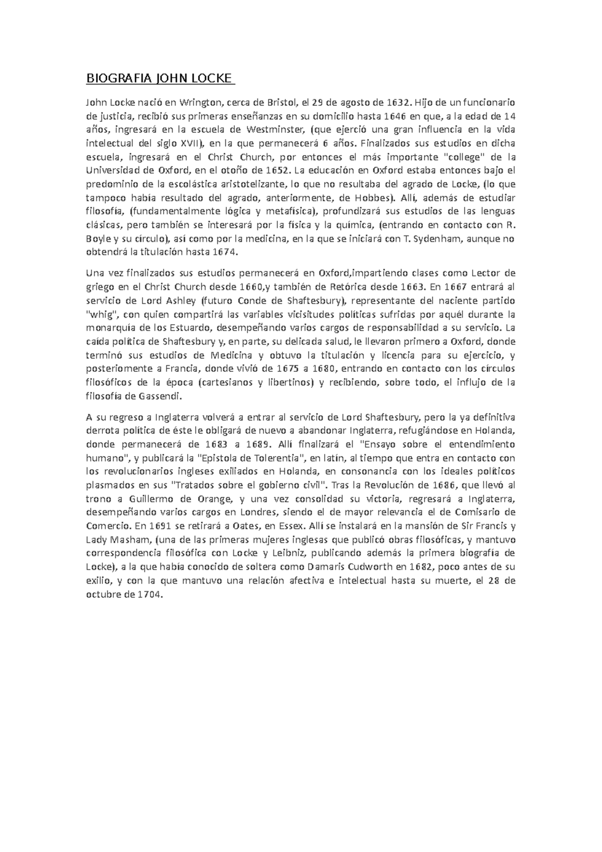 Biografia y contexto locke - BIOGRAFIA JOHN LOCKE John Locke nació en ...