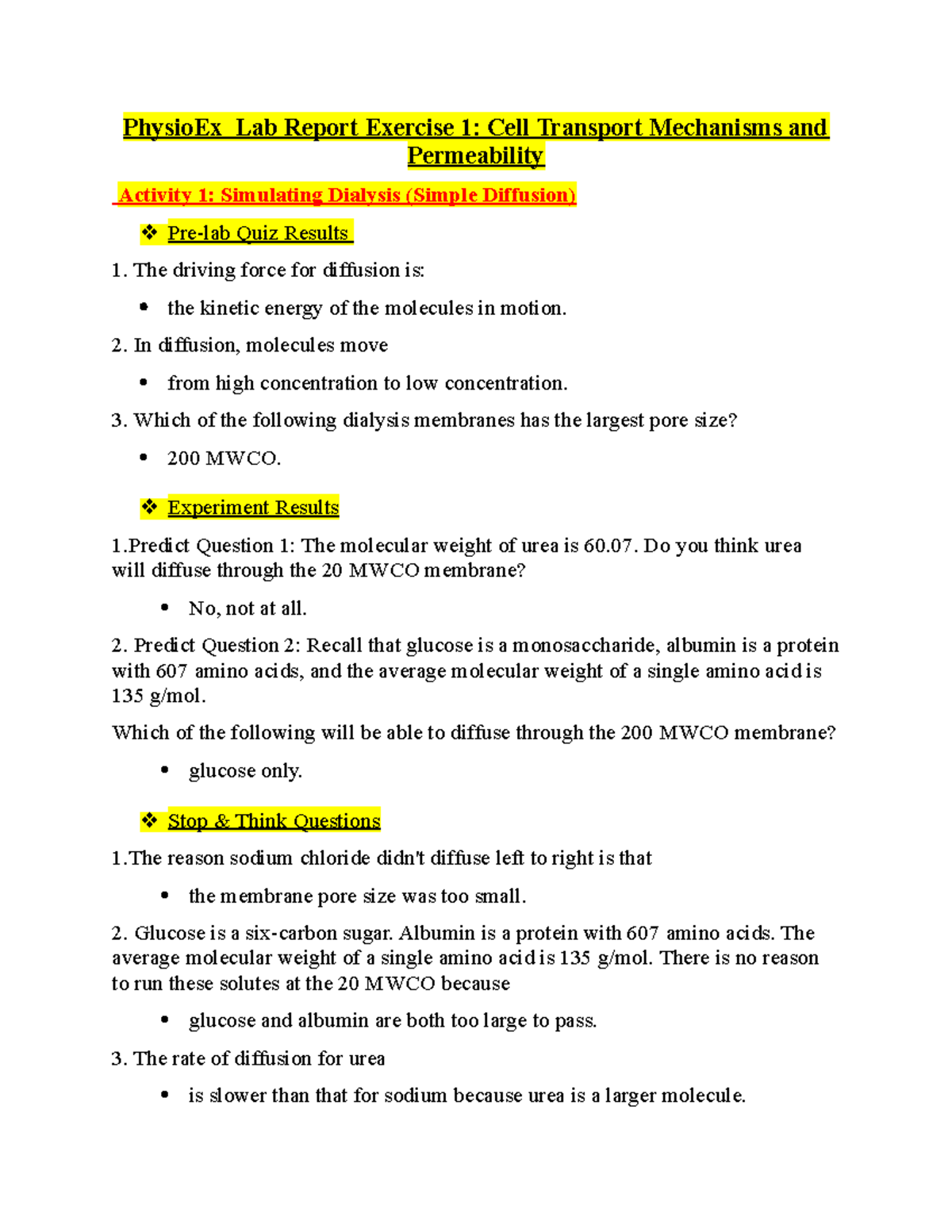 Lab Report Ex 1 Acitivity 1 - PhysioEx Lab Report Exercise 1: Cell ...