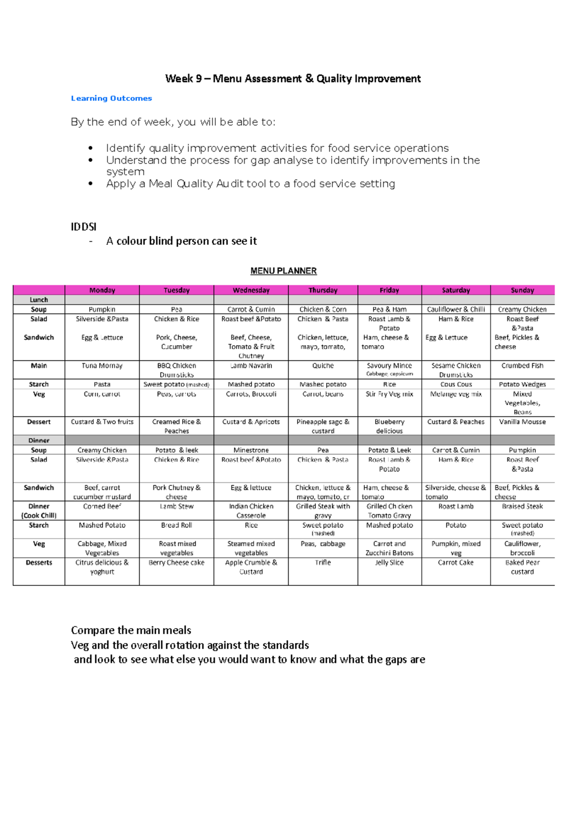 Menu Planning - notes - Week 9 – Menu Assessment & Quality Improvement ...