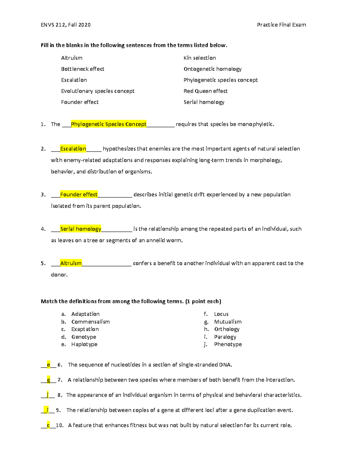 ENVS 212 Practice final exam 2020 answers - ENVS 212, Fall 2020 Practice Final Exam Fill in the ...
