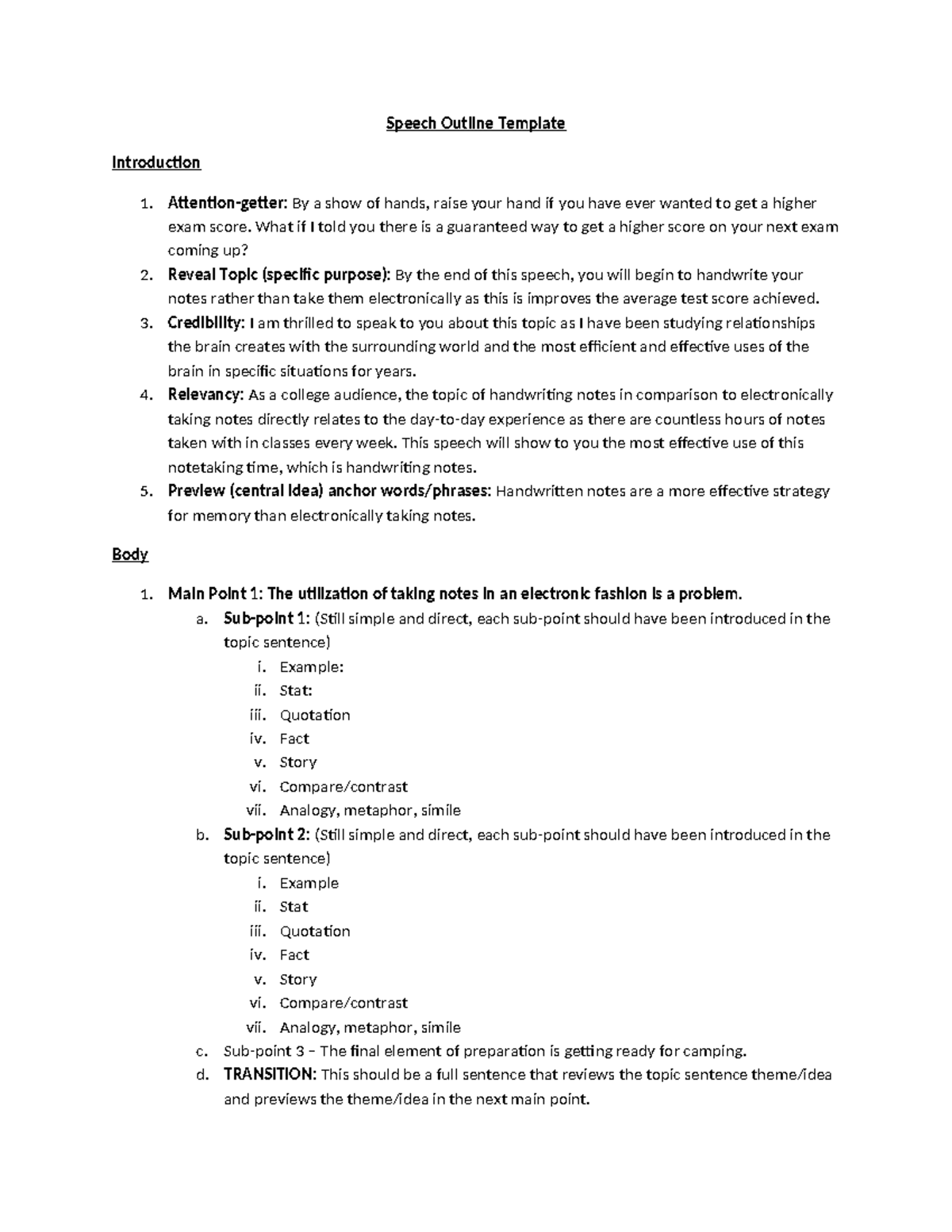 Speech Outline Template - Speech Outline Template Introduction ...