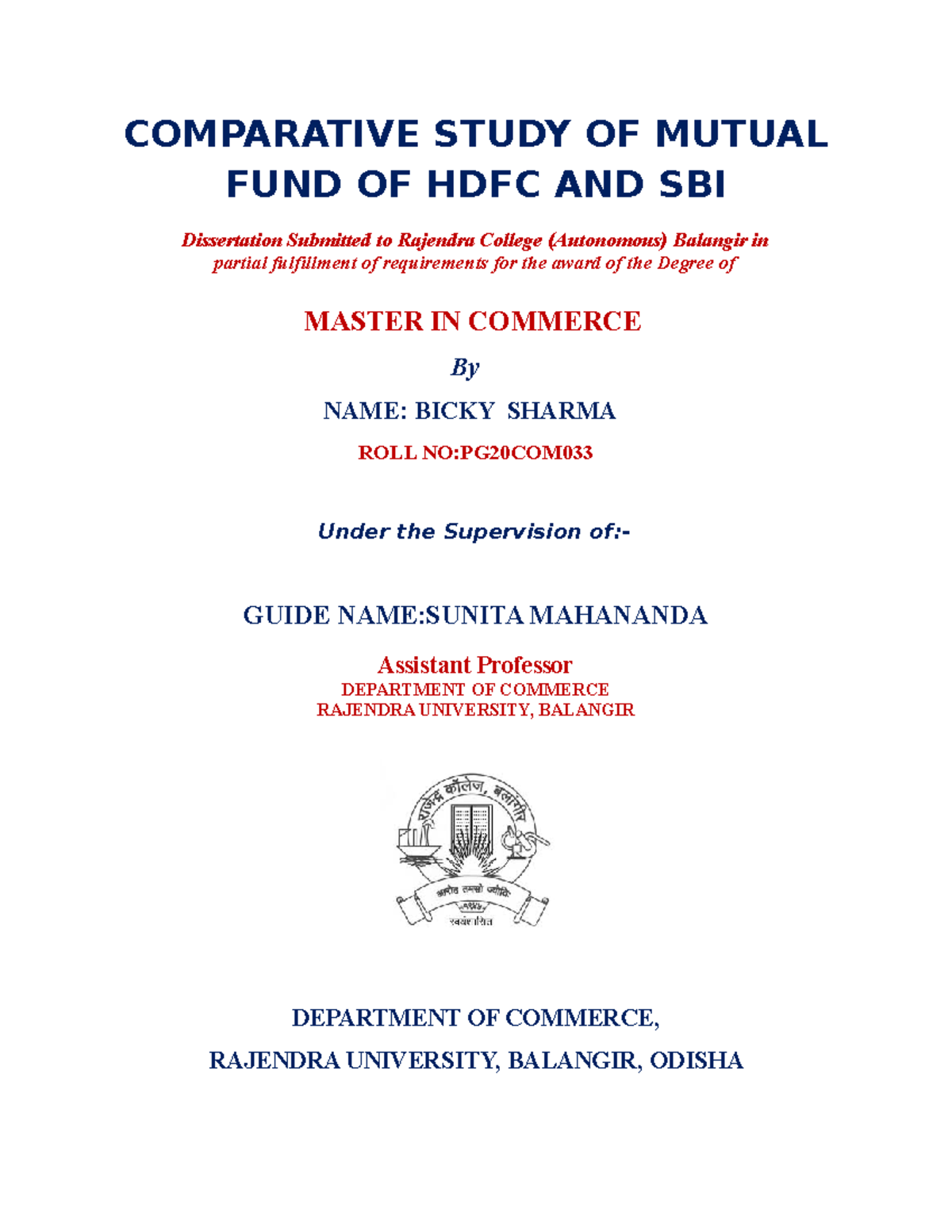 Cover Pages - its a front page of project - COMPARATIVE STUDY OF MUTUAL ...