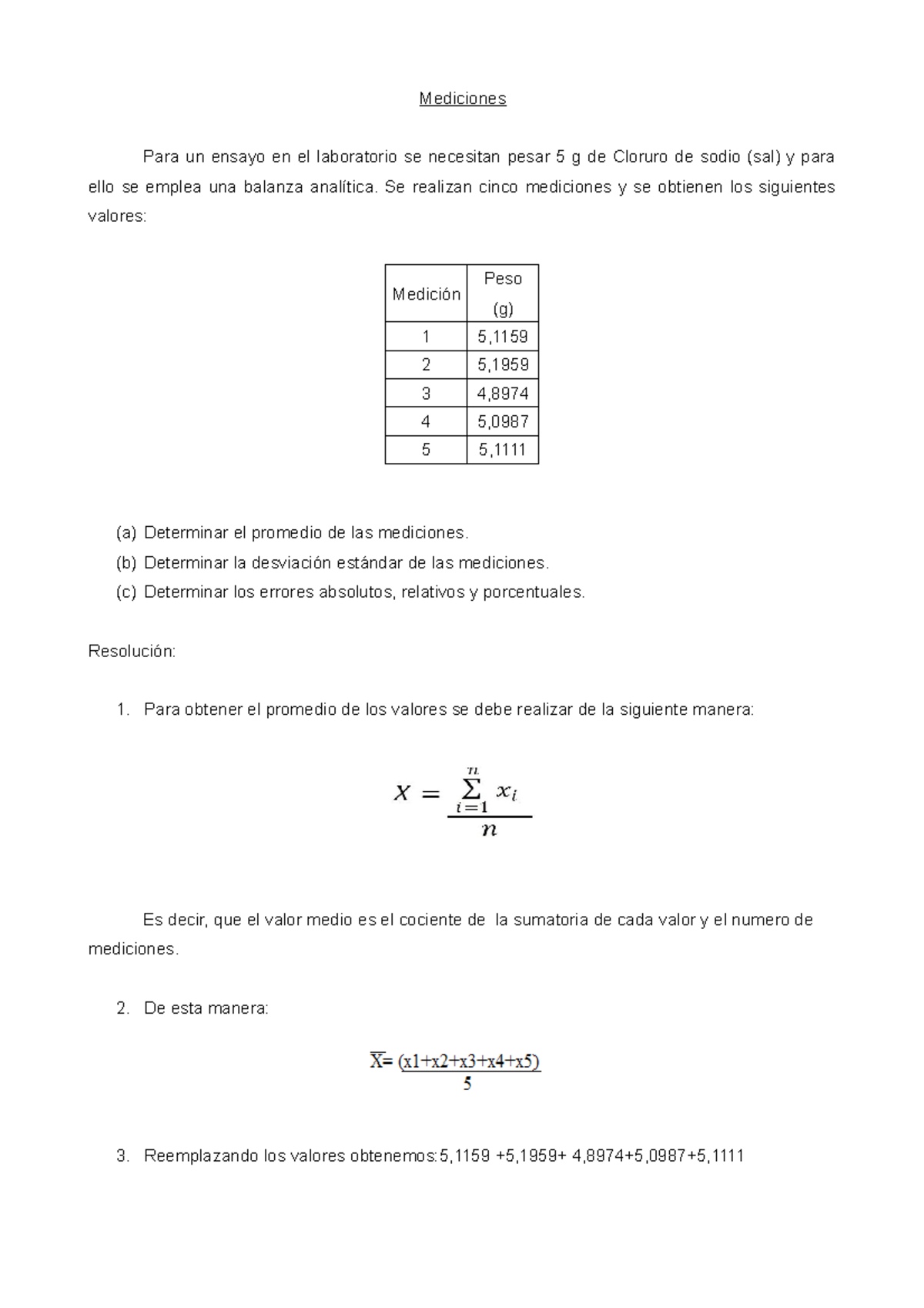 Cálculo de SD, Ea, Er, E% - Mediciones Para un ensayo en el laboratorio ...