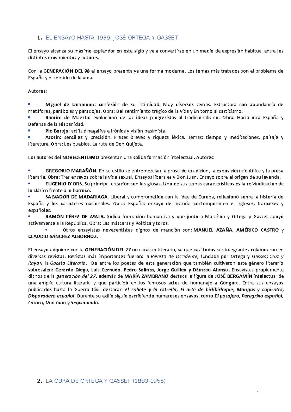 Ensayo resumen - Ttyg - 1. EL ENSAYO HASTA 1939. JOSÉ ORTEGA Y GASSET ...