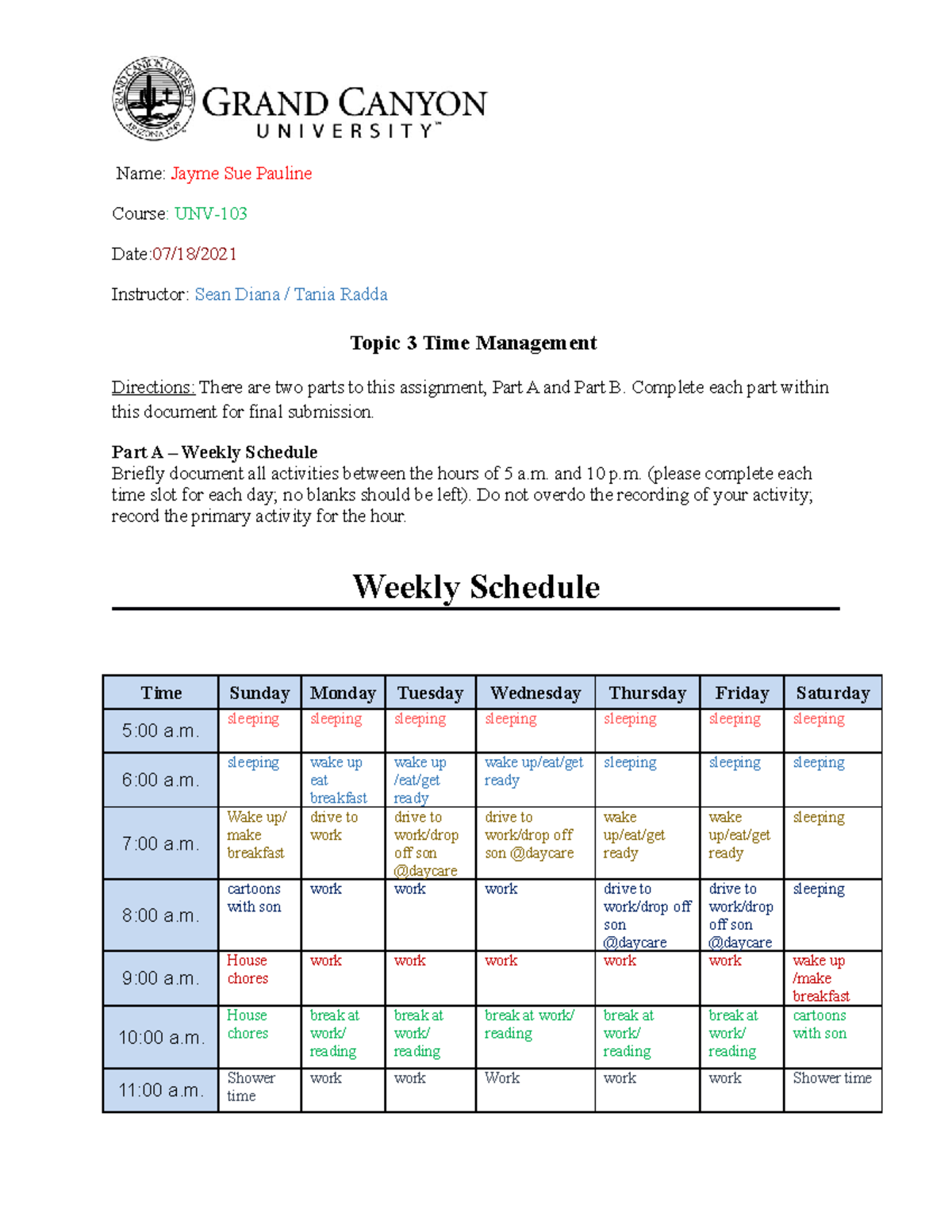 Time management unv- 103 completed form. Grand canyon university sample ...