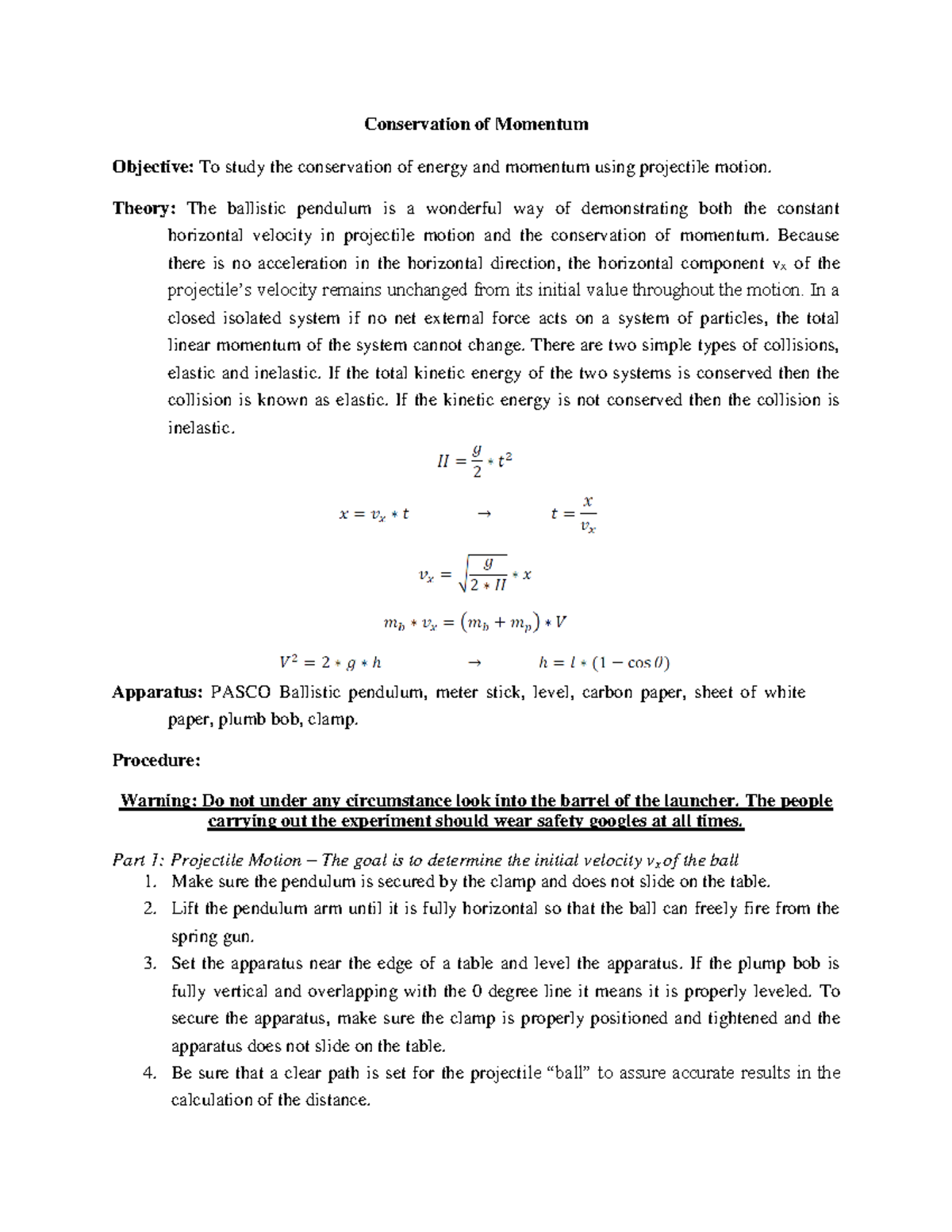6-ballistic pendulum - lab - Conservation of Momentum Objective: To ...