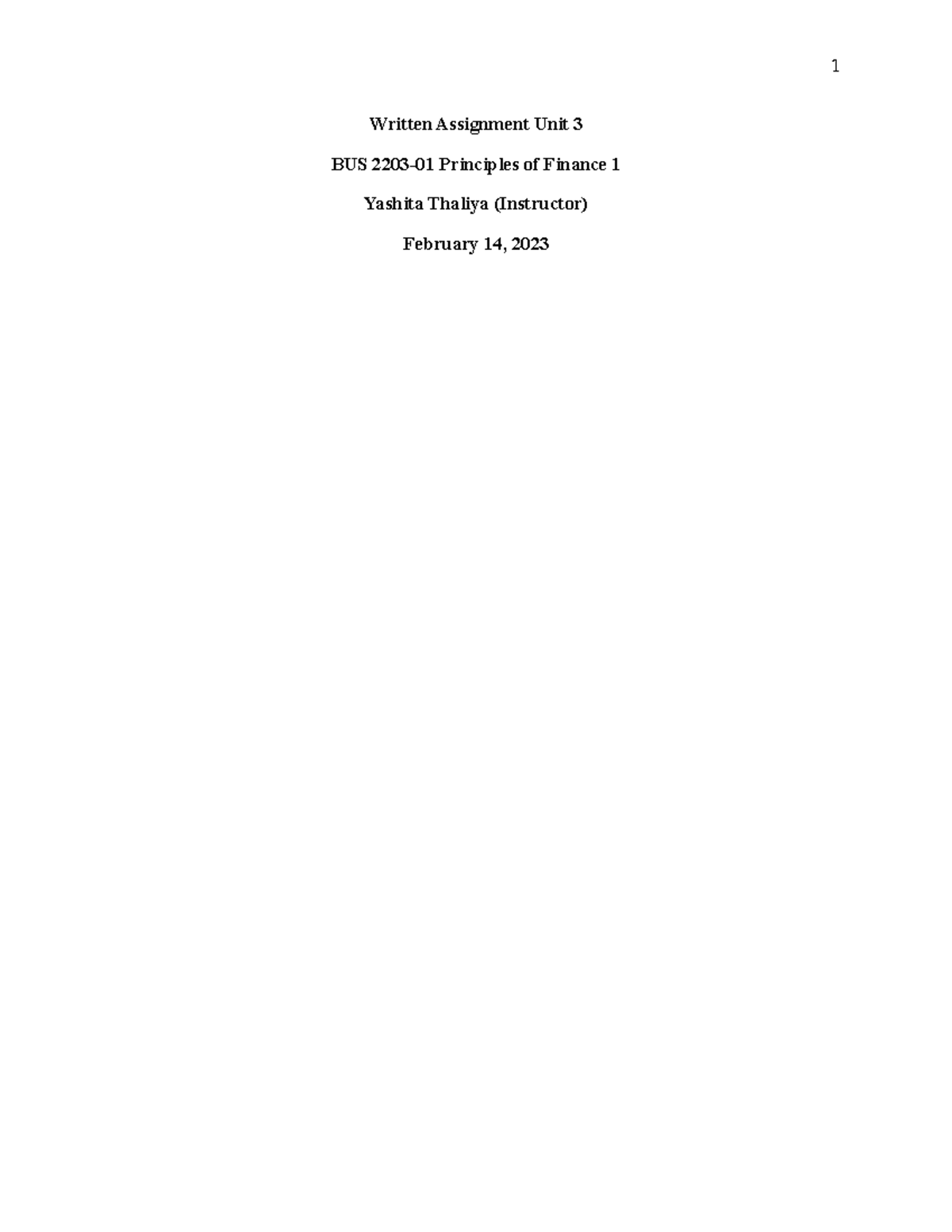 Written Assignment Unit 3 pof - Written Assignment Unit 3 BUS 2203-01 Principles of Finance 1 ...