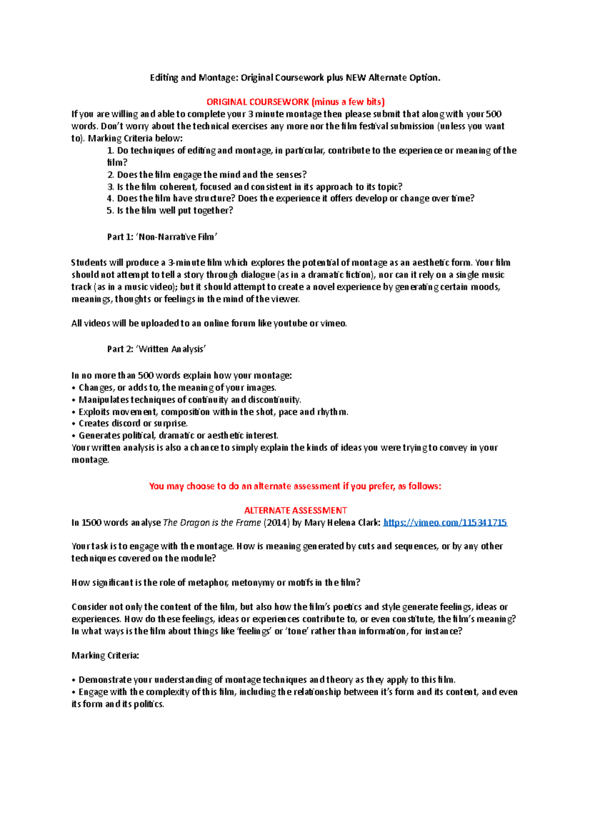 Editing and Montage - Lecture notes 1-4 - Editing and Montage: Original ...