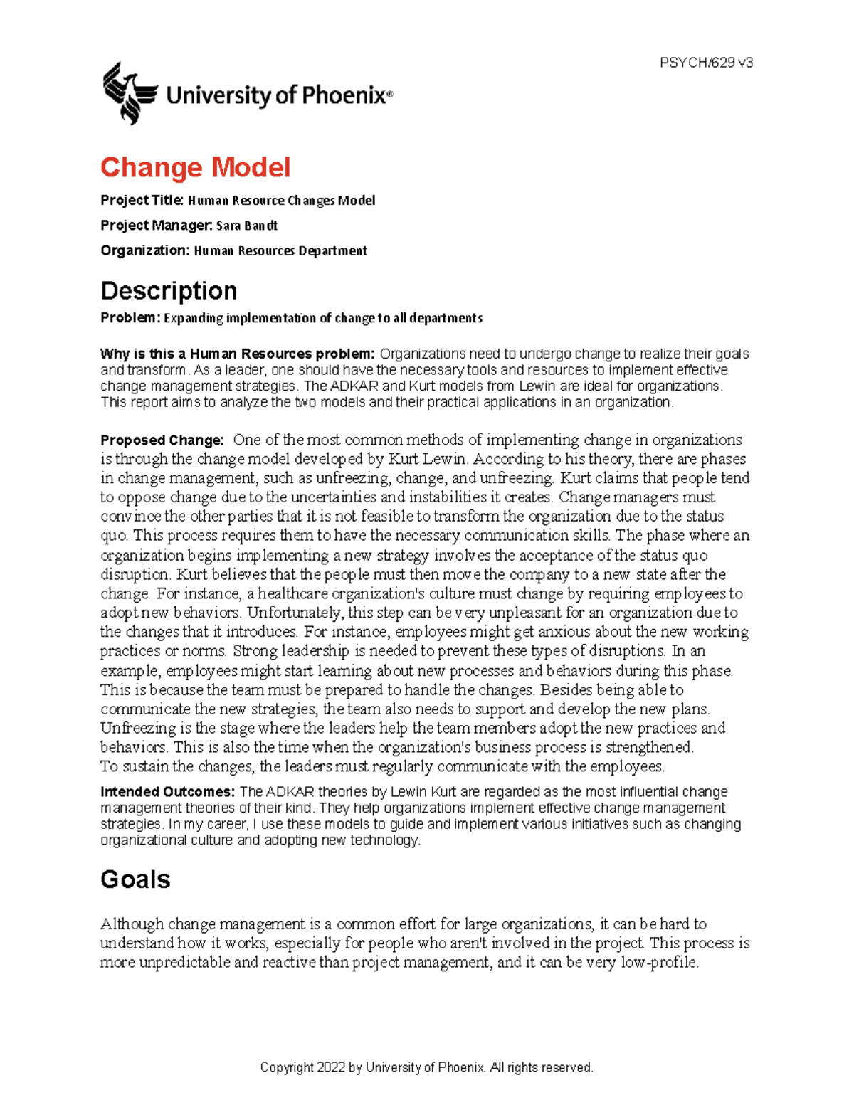 Psych 629 v3 wk2 change model week 2 - PSYCH/629 v Change Model Project ...