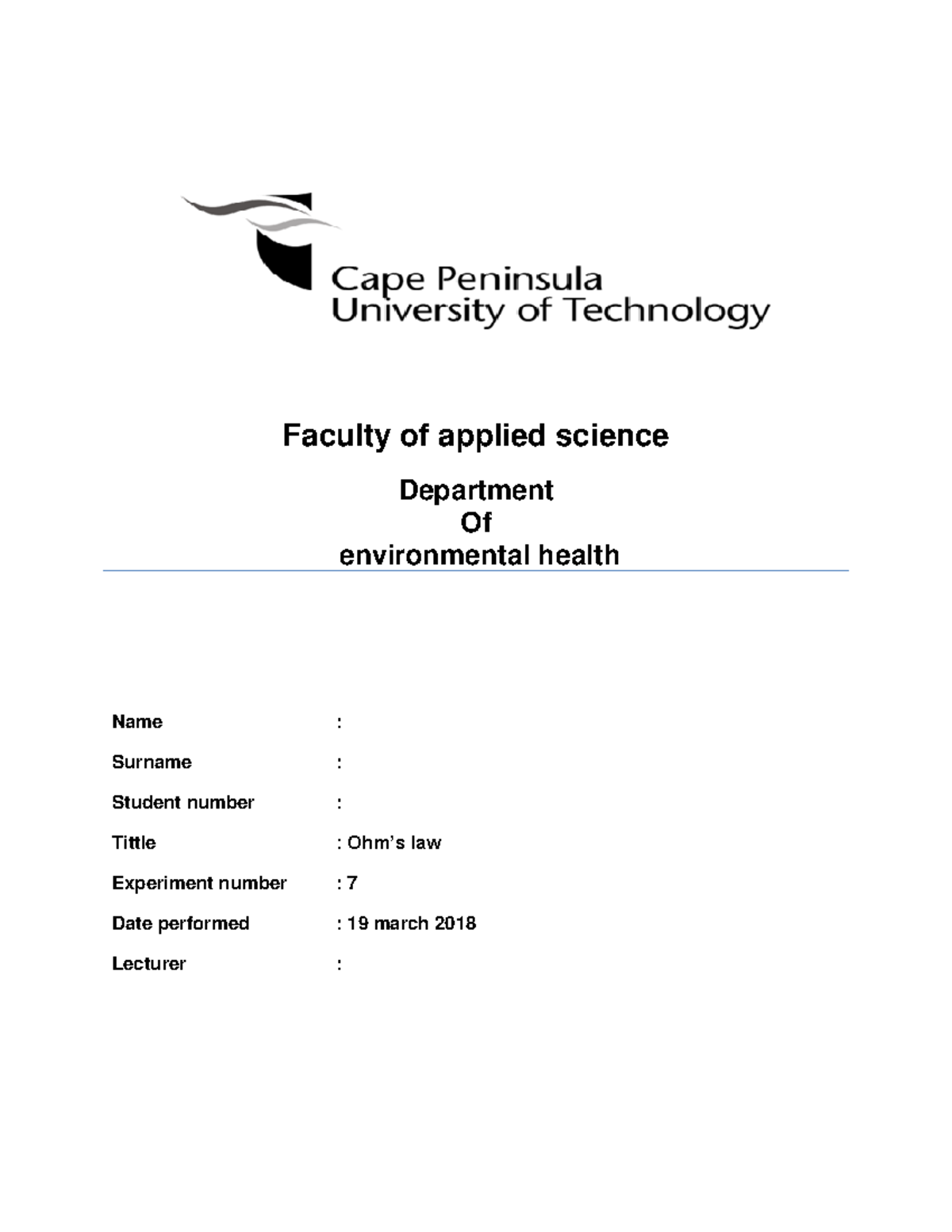 Ohm's law practical - PHYSICS 1 OHMS LAW TUTORIAL WRITE UP - Faculty of ...