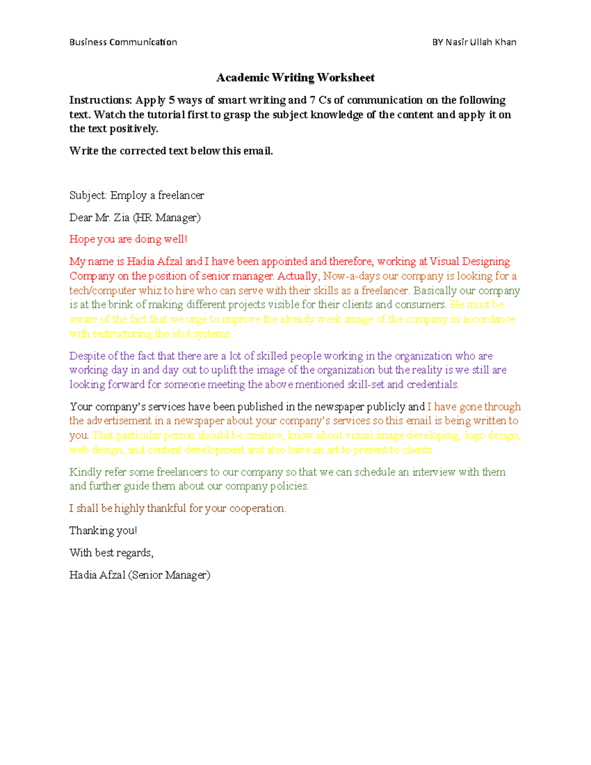 Writing Activity Sheet - Business Communication BY Nasir Ullah Khan ...