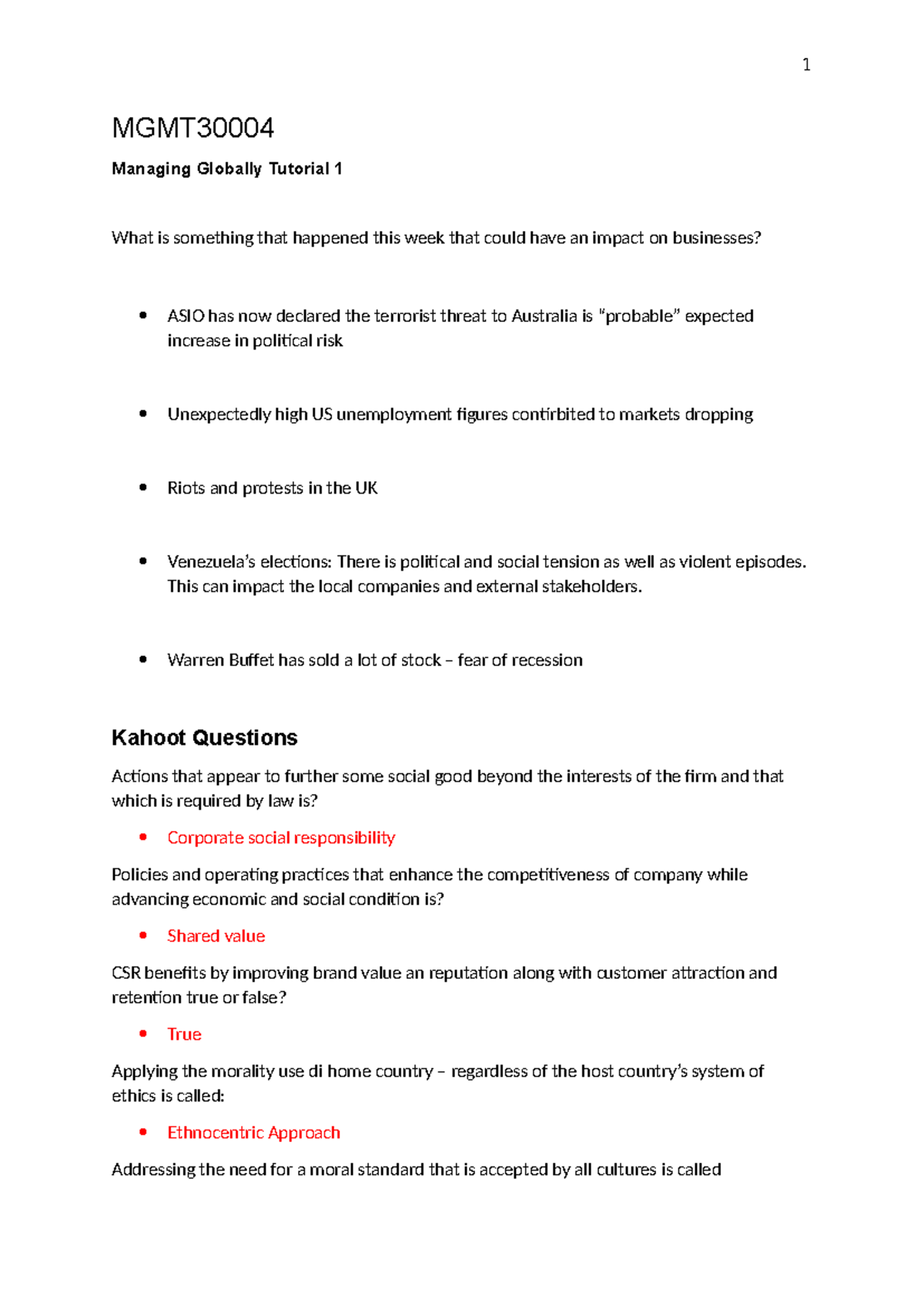 Tutorial 1 notes - 1 MGMT Managing Globally Tutorial 1 What is ...