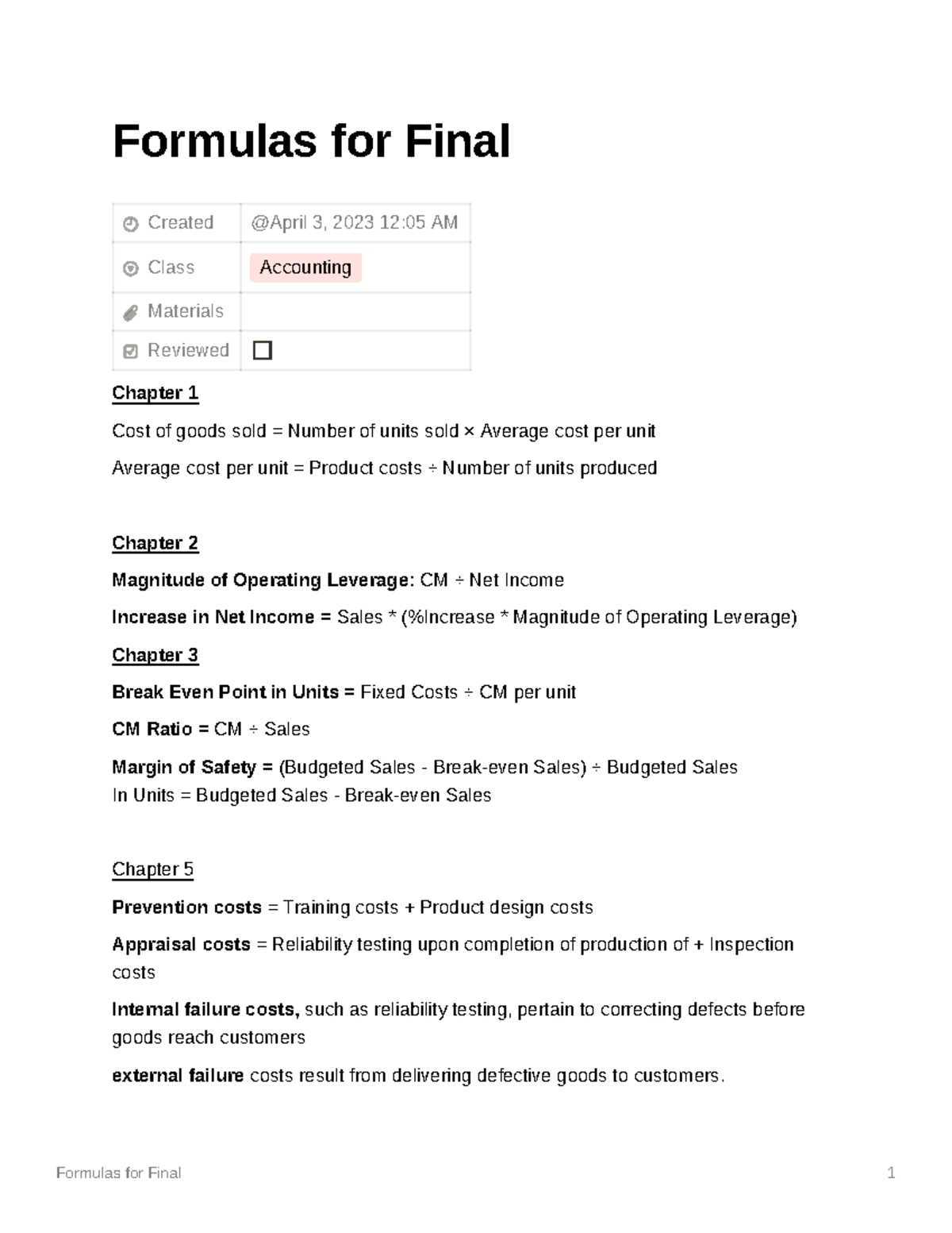 All formulas chp 1-9 - Formulas for Final 1 Formulas for Final Created ...