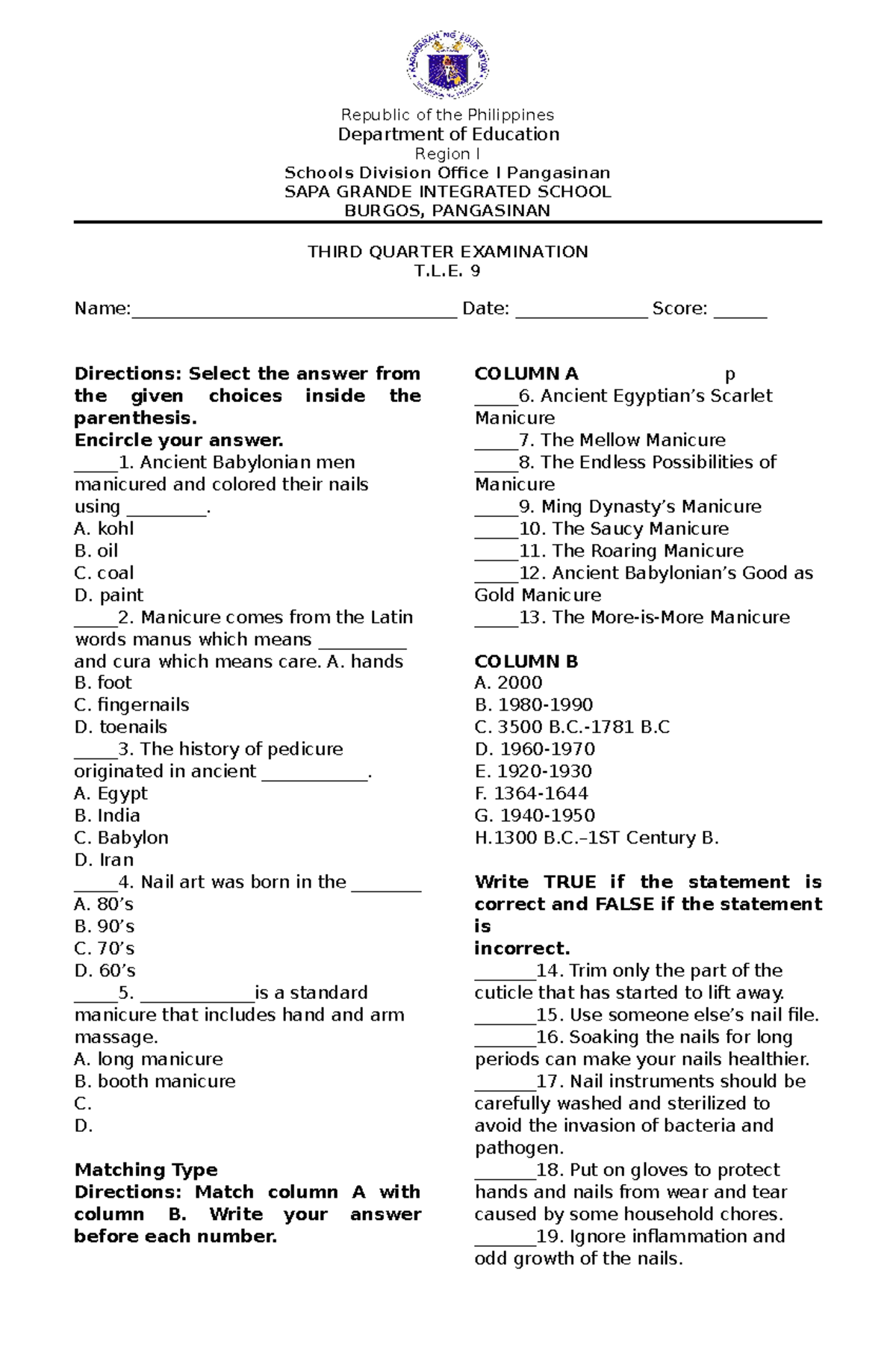 tle 3rd quarter exam - Republic of the Philippines Department of ...