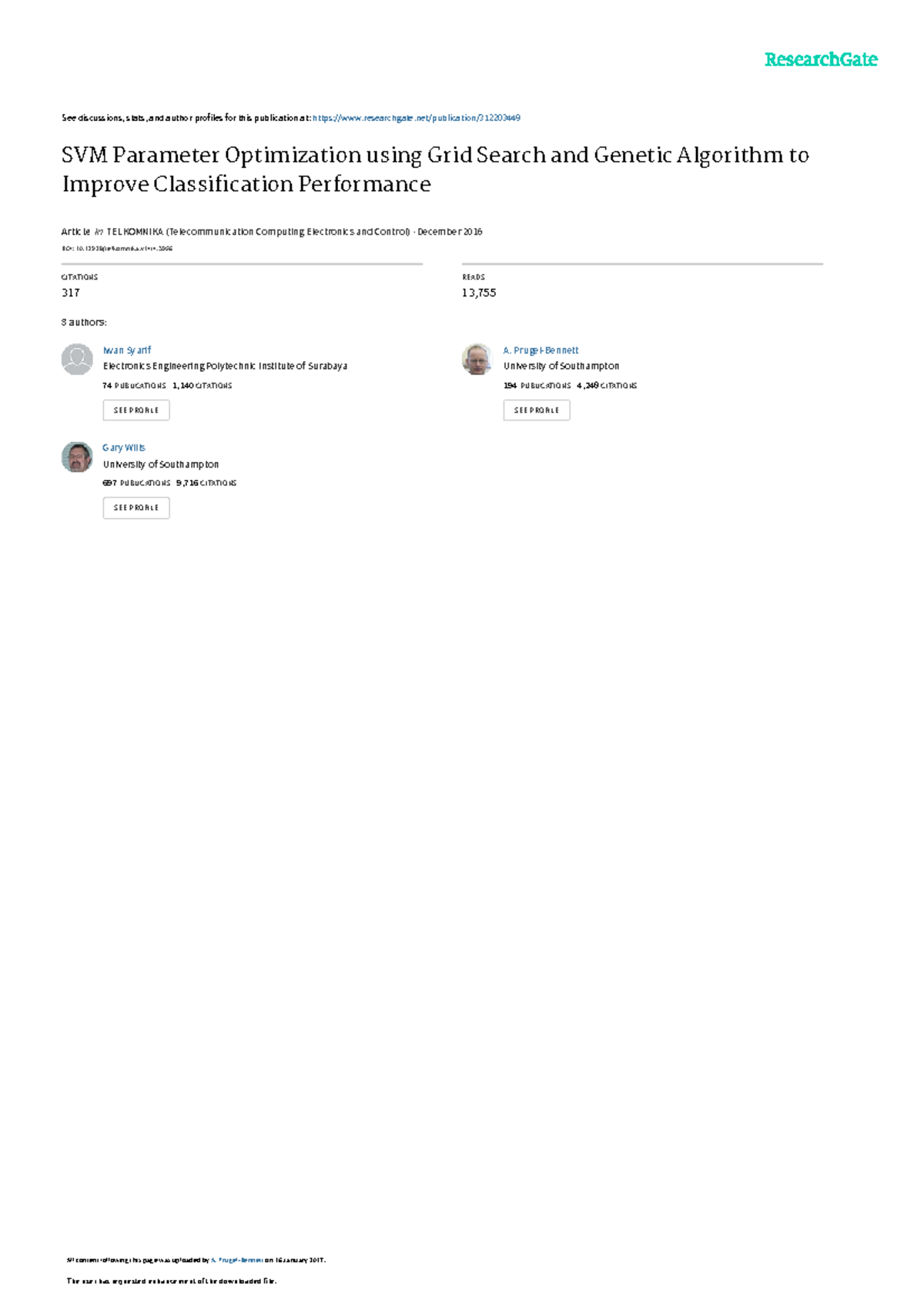 Svm Parameter Optimization Using Grid Search 12928telkomnika Citations 317 Reads 13 3