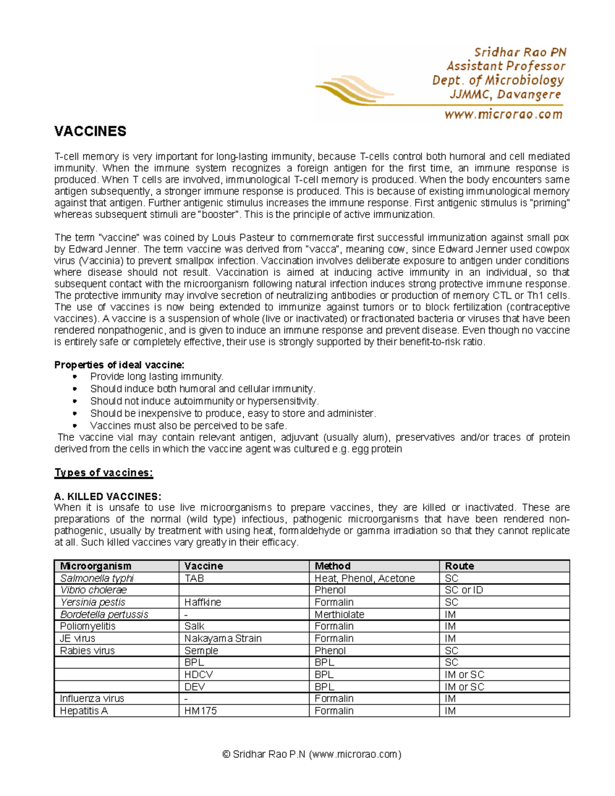 Vaccines - Lecture Notes - VACCINES T-cell memory is very important for ...