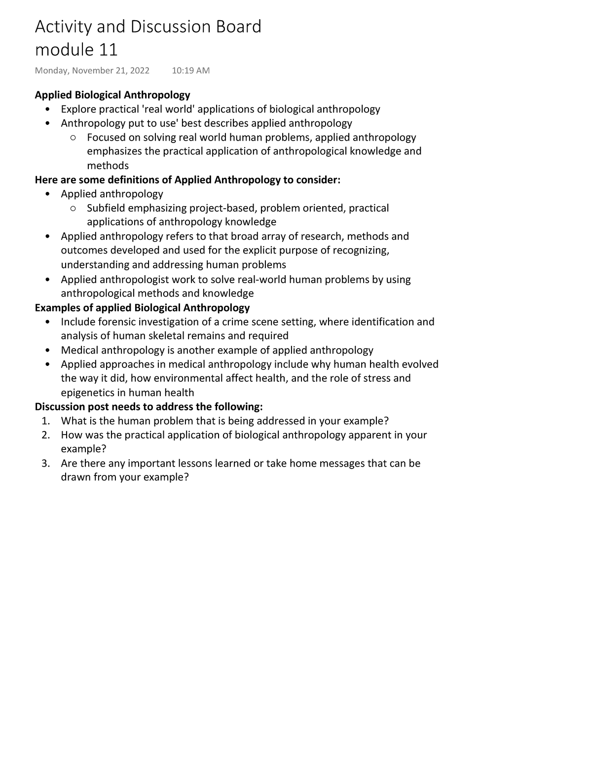 Activity and Discussion Board module 11 - Applied Biological ...