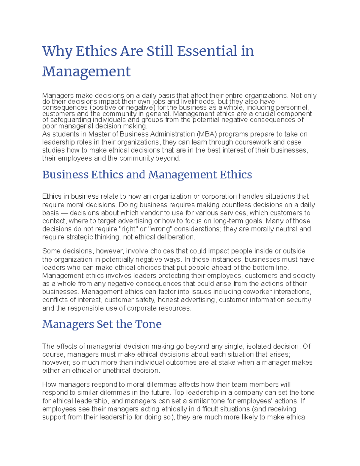 Why Ethics Are Still Essential in Management - Why Ethics Are Still ...