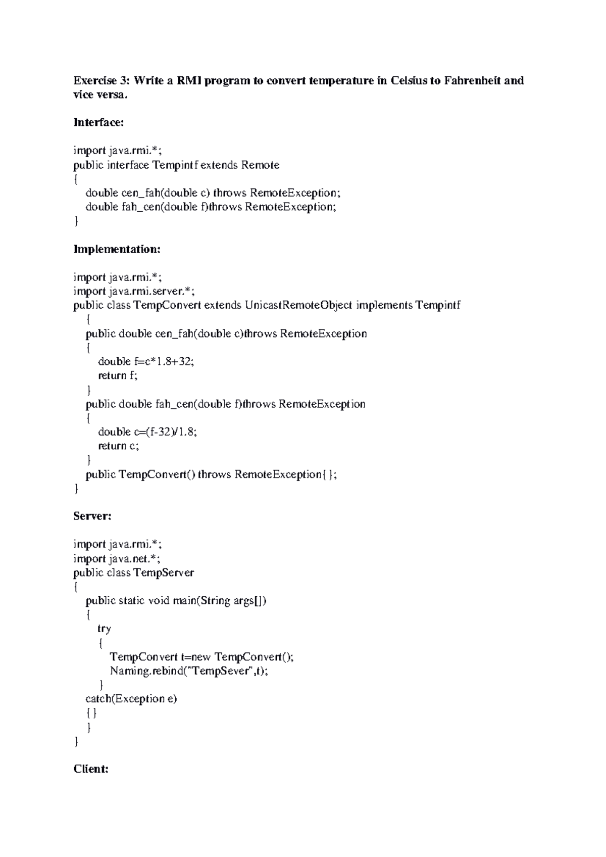 Rmi java code temp - remote method invocation material - Exercise 3: Write a RMI program to ...