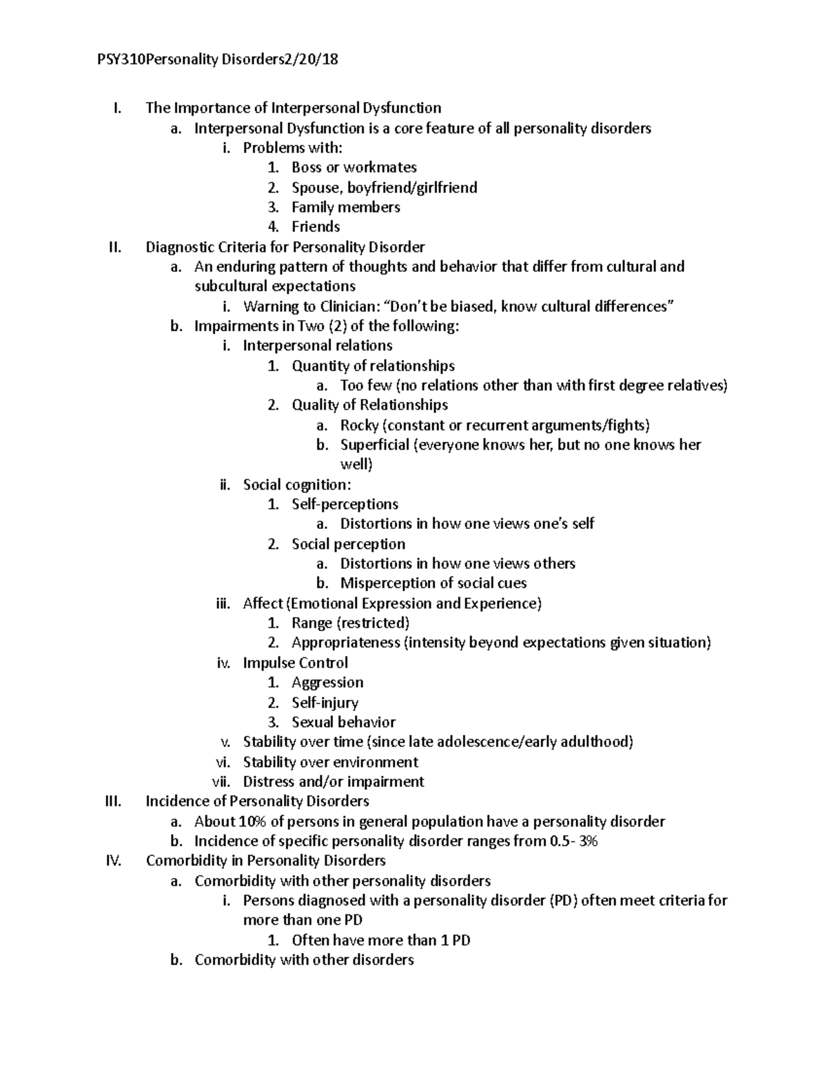 PSY310- Personality Disorders - I. The Importance of Interpersonal ...