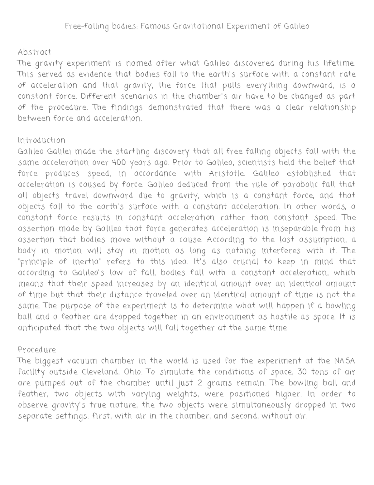 Lab r - Lab Report - Abstract The gravity experiment is named after ...