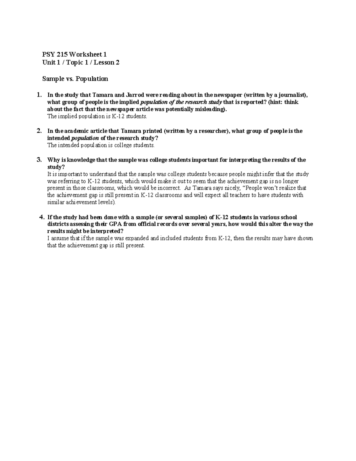PSY 215 Worksheet 1 - Sample vs Population - Lindsey Grek PSY 215 ...